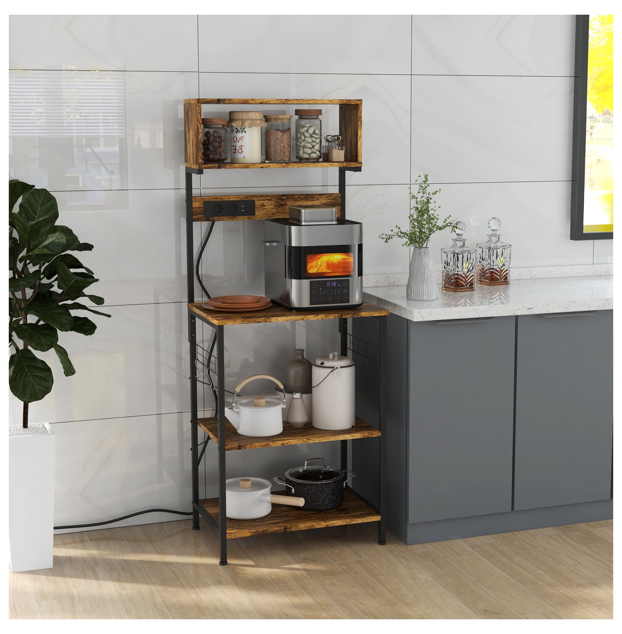 Kitchen Bakers Rack with Power Outlet, USB Charger, Microwave Stand ...