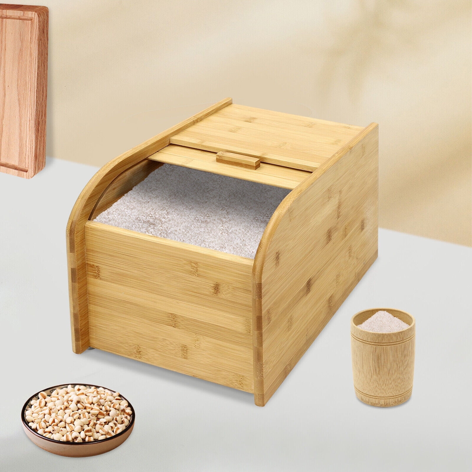 Kitchen Bamboo Rice Storage Wood Rice Container Box W/ Lid + 1 ...