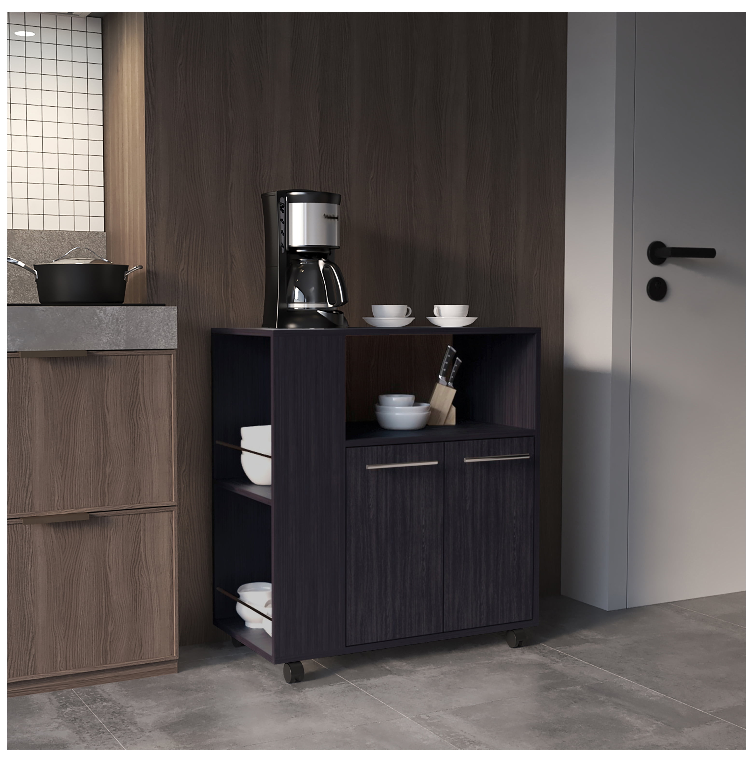 Kitchen Base Cabinet Cart, Eldon 2-Door Kitchen Storage with Shelves - Black Wengue, Mobile ...