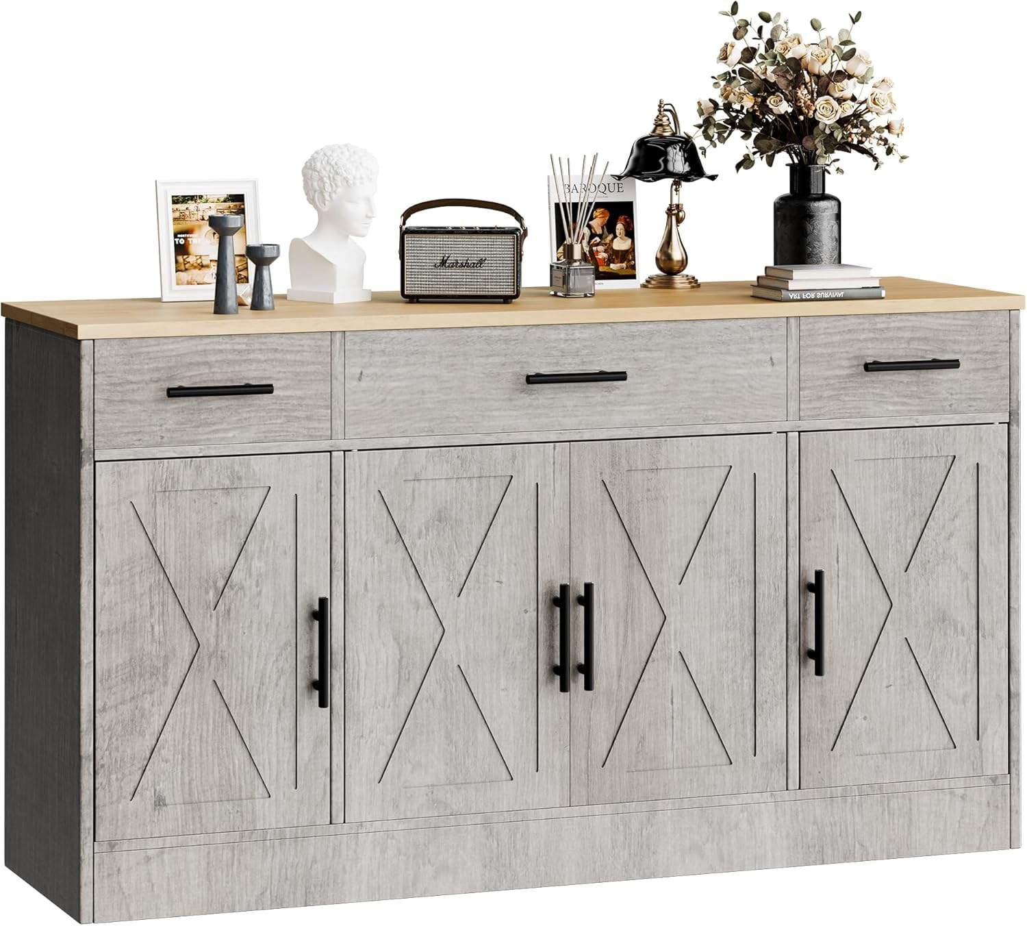 Kitchen Buffet Sideboard Cabinet with 4 Doors and 3 Drawers, Adjustable ...