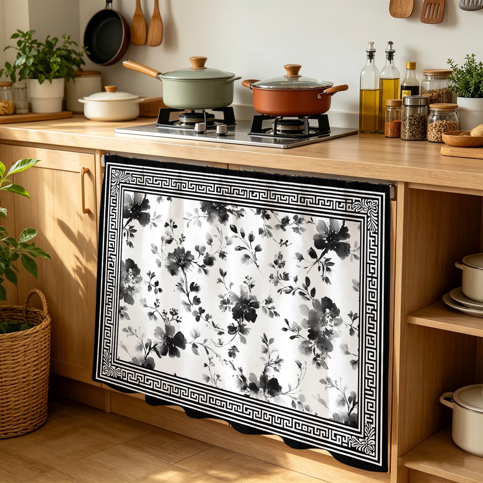 Kitchen Cabinet Curtains Black Floral Sink Skirt for Bathroom Retro ...
