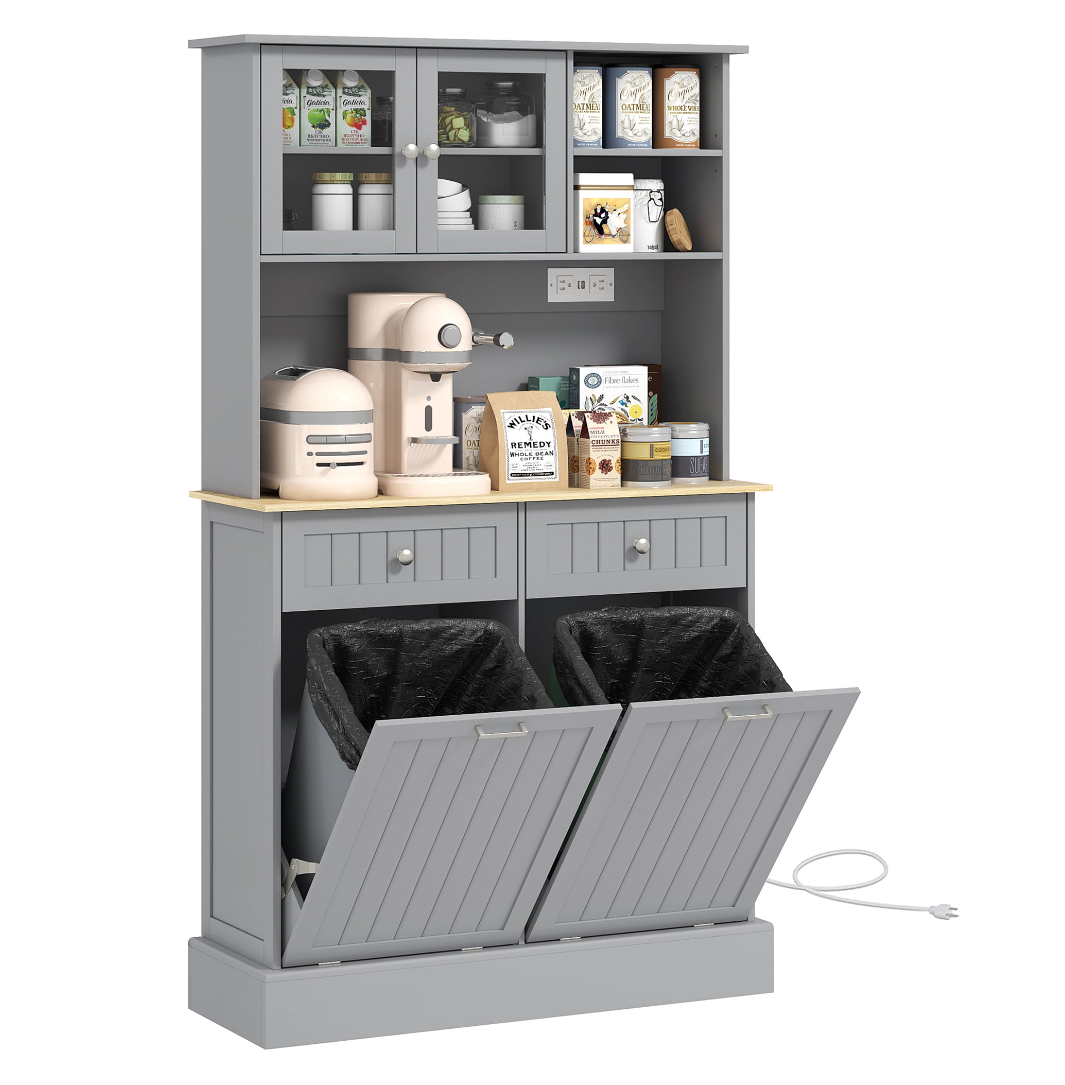 Kitchen Cabinet with Charging Station, Microwave Stand, Pantry Storage ...