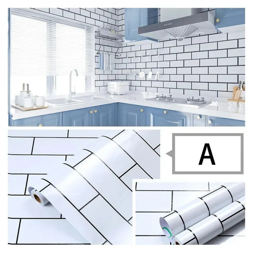 Kitchen Cabinets Wallpaper Wall Stickers White Brick Waterproof and Oil ...