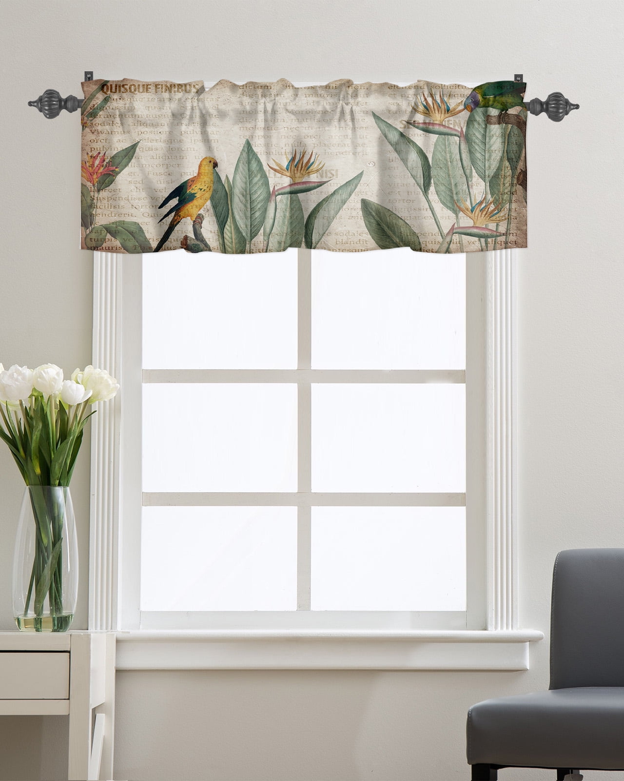 Kitchen Cafe Valance Curtain for Small Windows,Bird Parrot Sits on ...