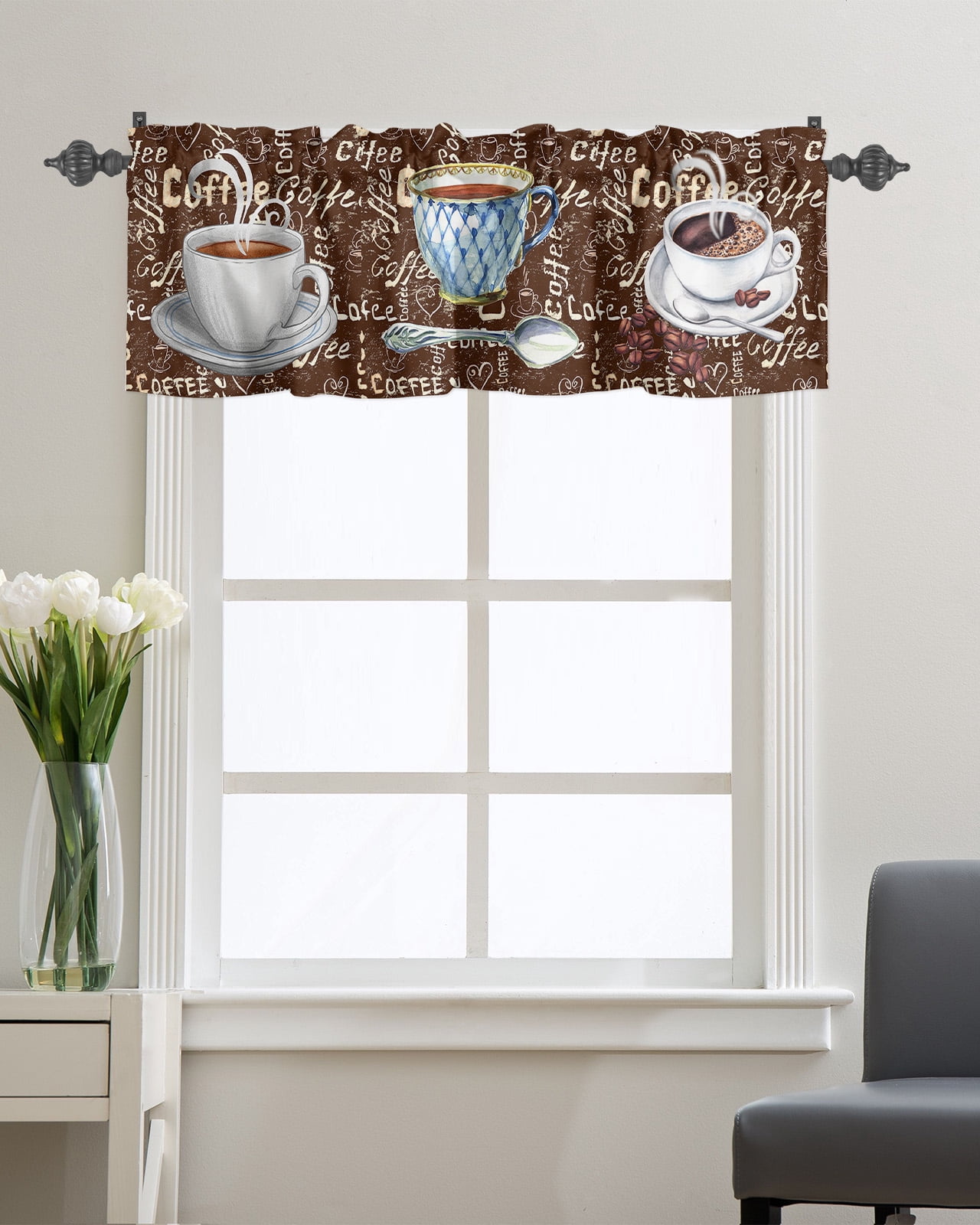 Kitchen Cafe Valance Curtain for Small Windows,Blue White Cup Set with ...