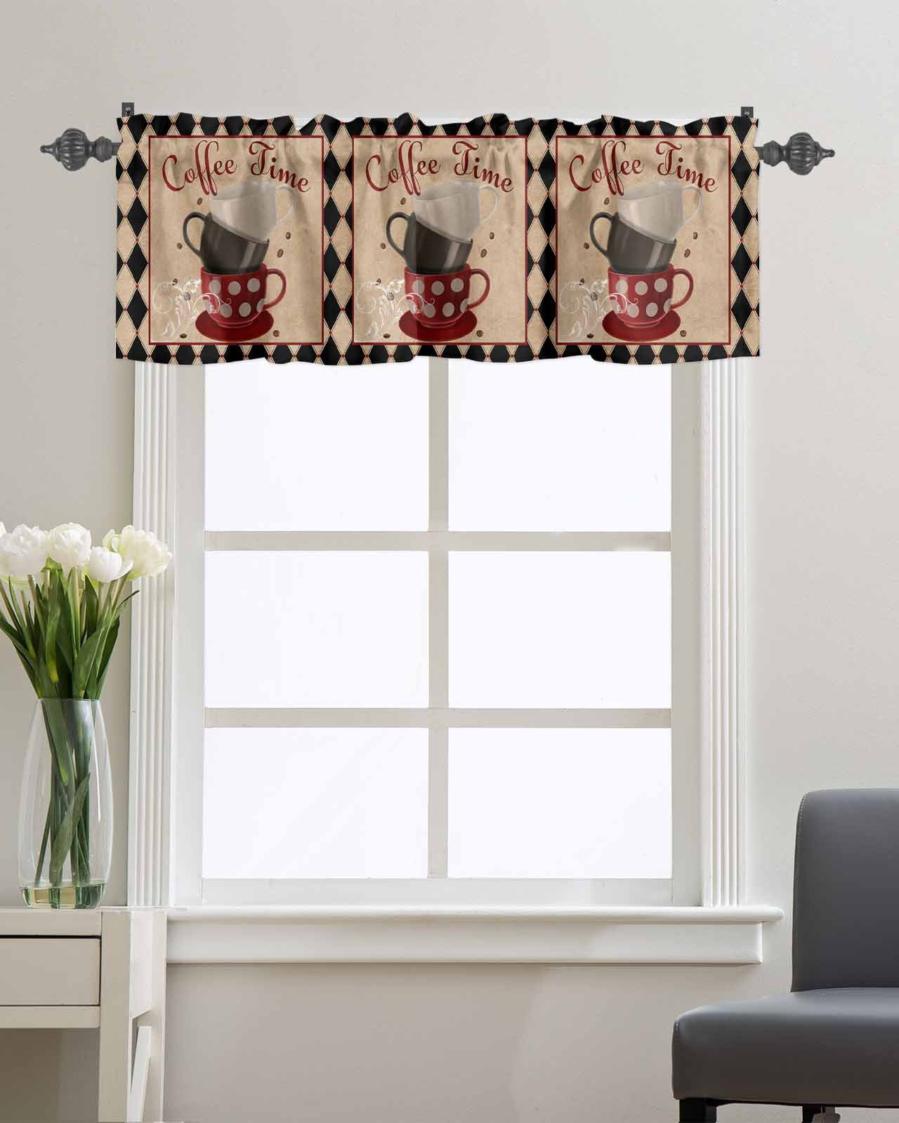 Kitchen Cafe Valance Curtain for Small Windows,Coffee Time Bean Cups on ...