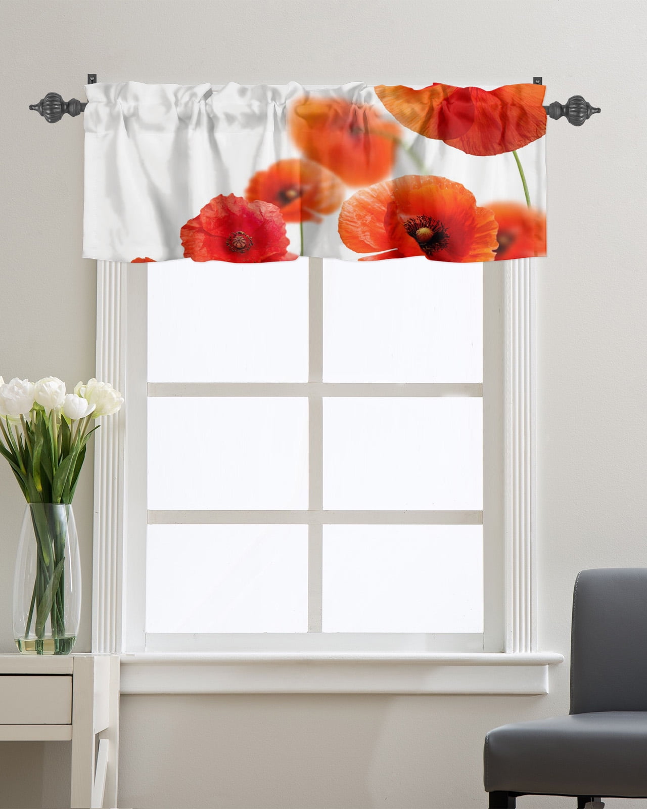 Kitchen Cafe Valance Curtain for Small Windows,Elegant Red Orange Poppy ...
