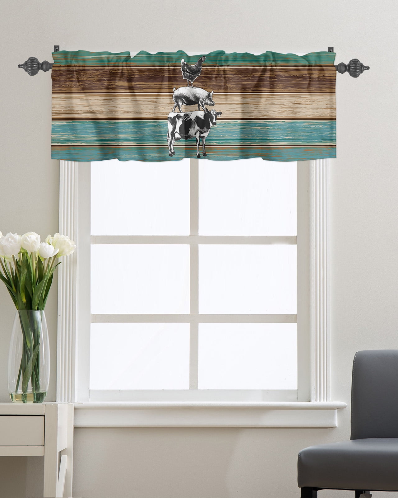 Kitchen Cafe Valance Curtain for Small Windows,Farm Cow Pig Chick on ...