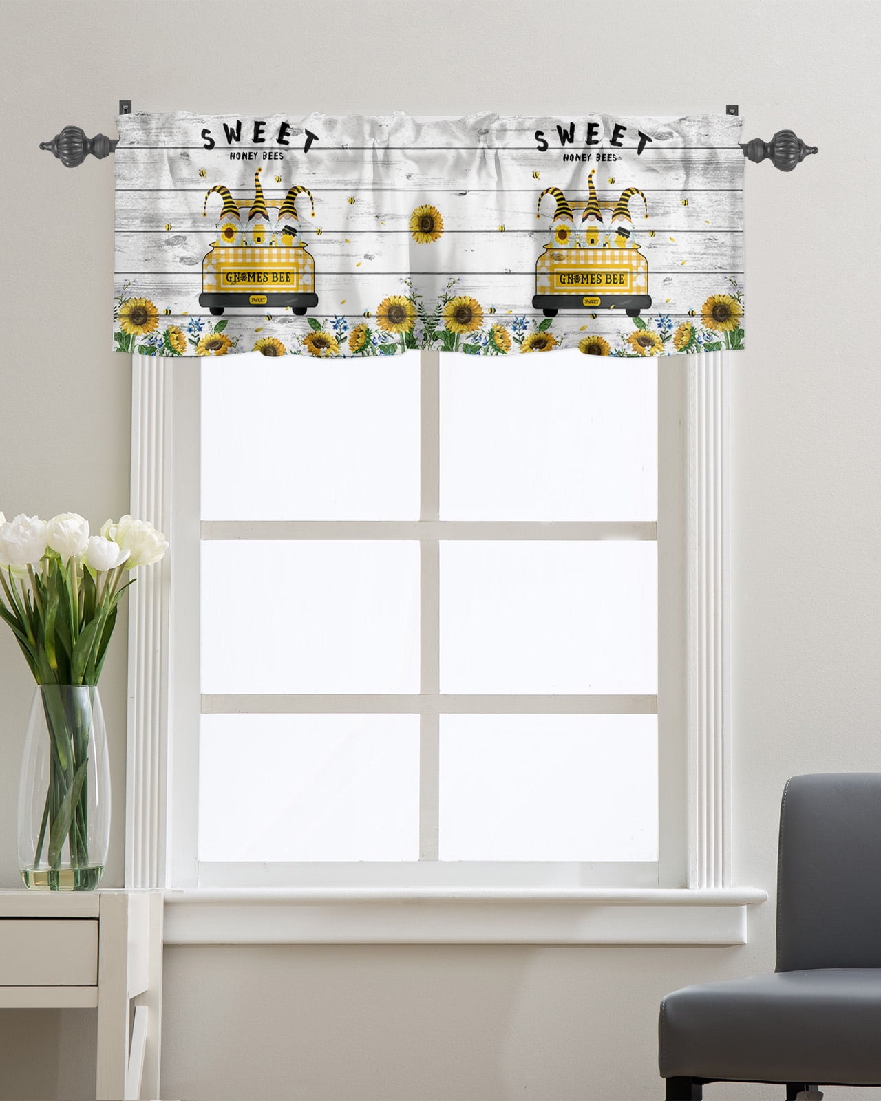 Kitchen Cafe Valance Curtain for Small Windows,Farm Truck Gnome and Bee ...