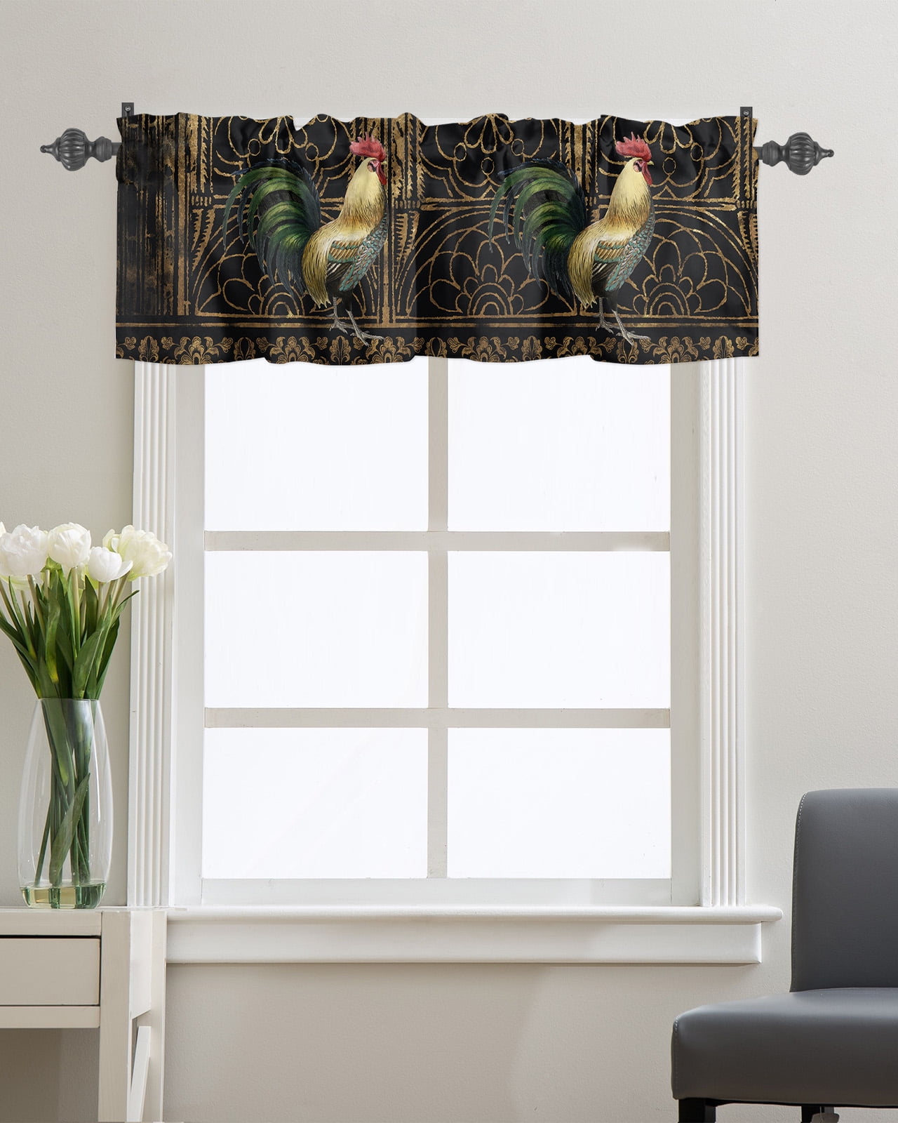 Kitchen Cafe Valance Curtain for Small Windows,Farmhouse Cock Rooster ...