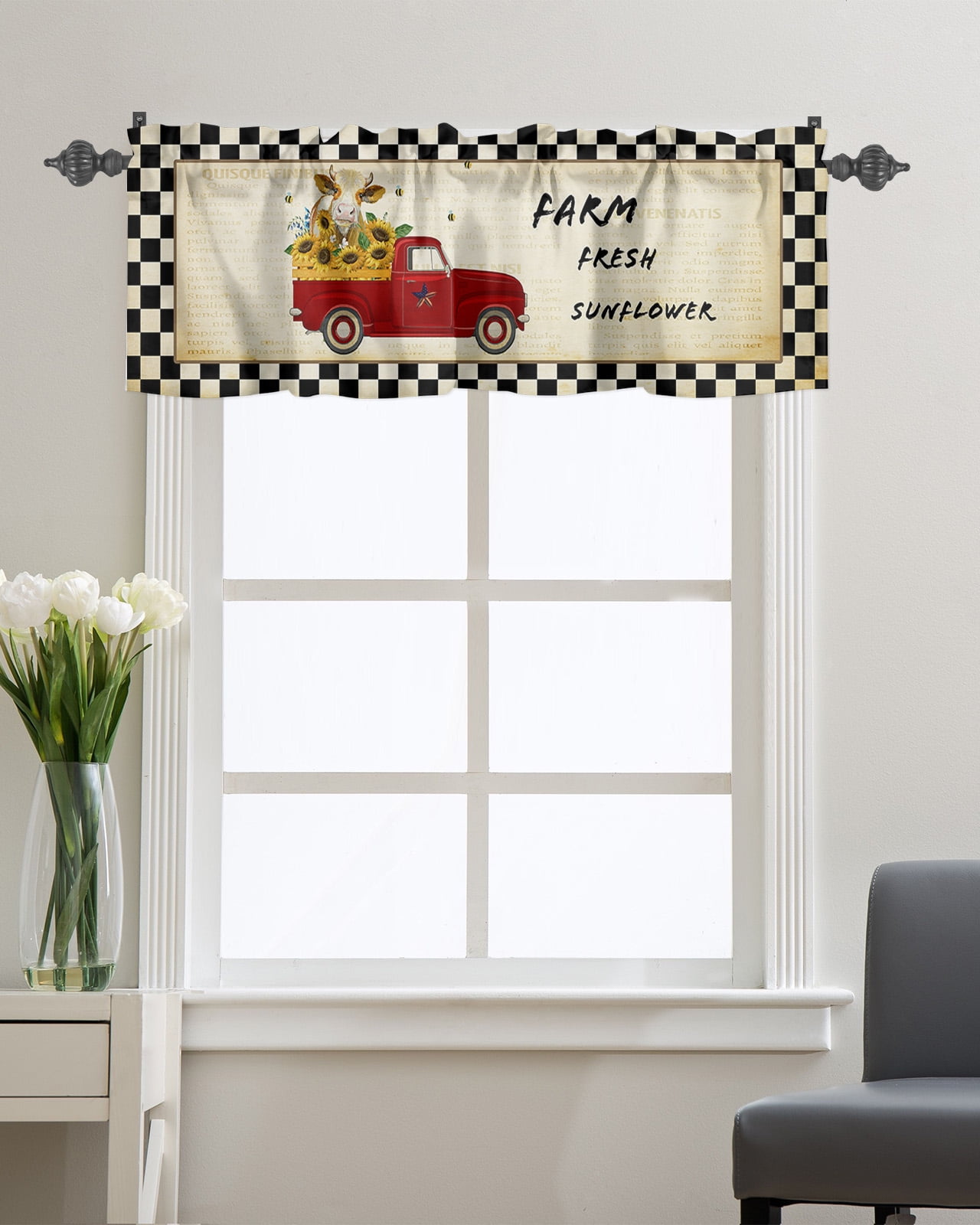 Kitchen Cafe Valance Curtain for Small Windows,Farmhouse Red Car and ...