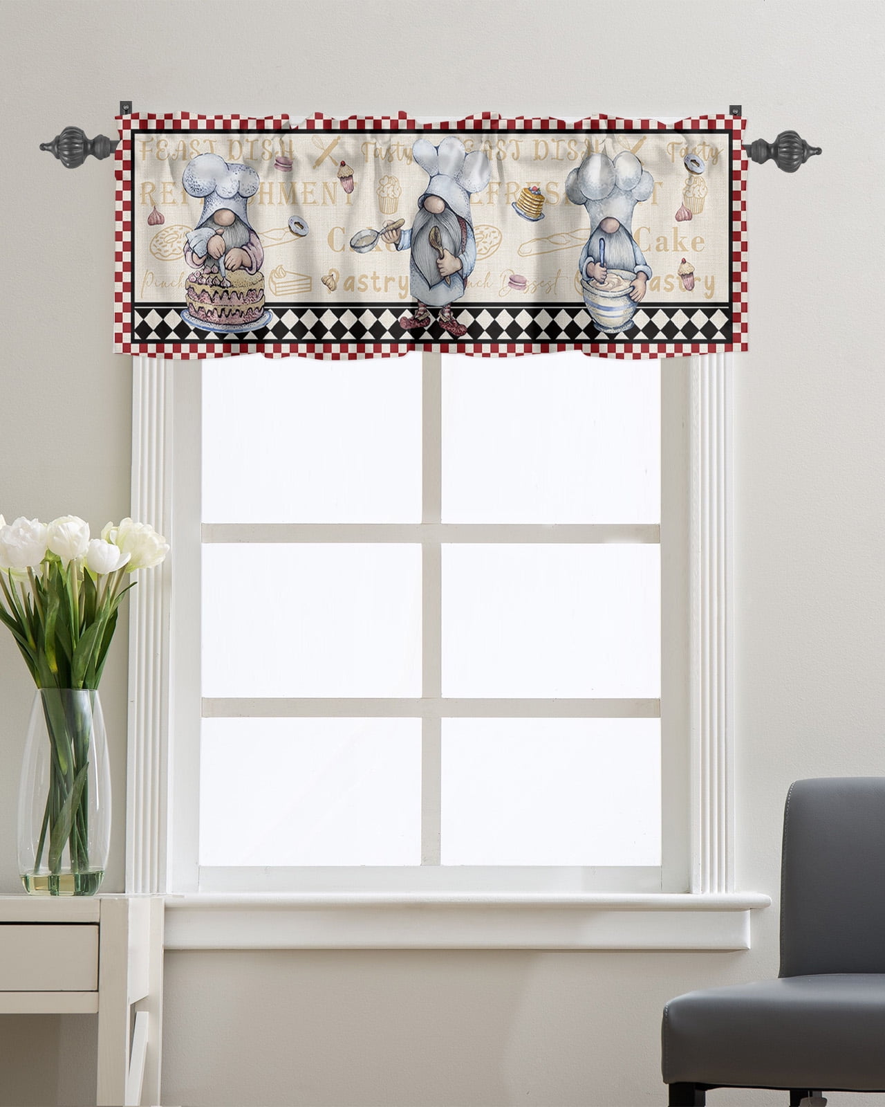 Kitchen Cafe Valance Curtain for Small Windows,Gnome Chef Kitchen Cook ...