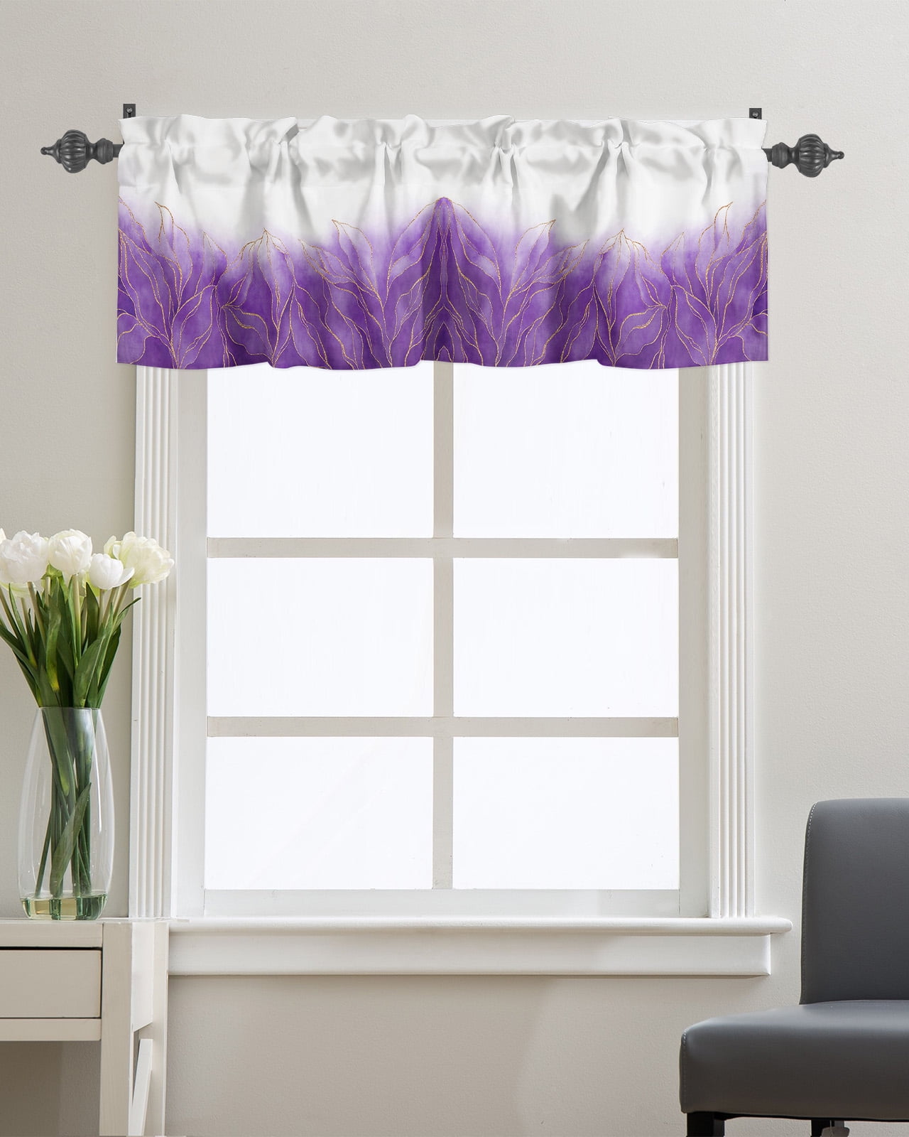 Kitchen Cafe Valance Curtain for Small Windows,Gold Stripe Leaves ...