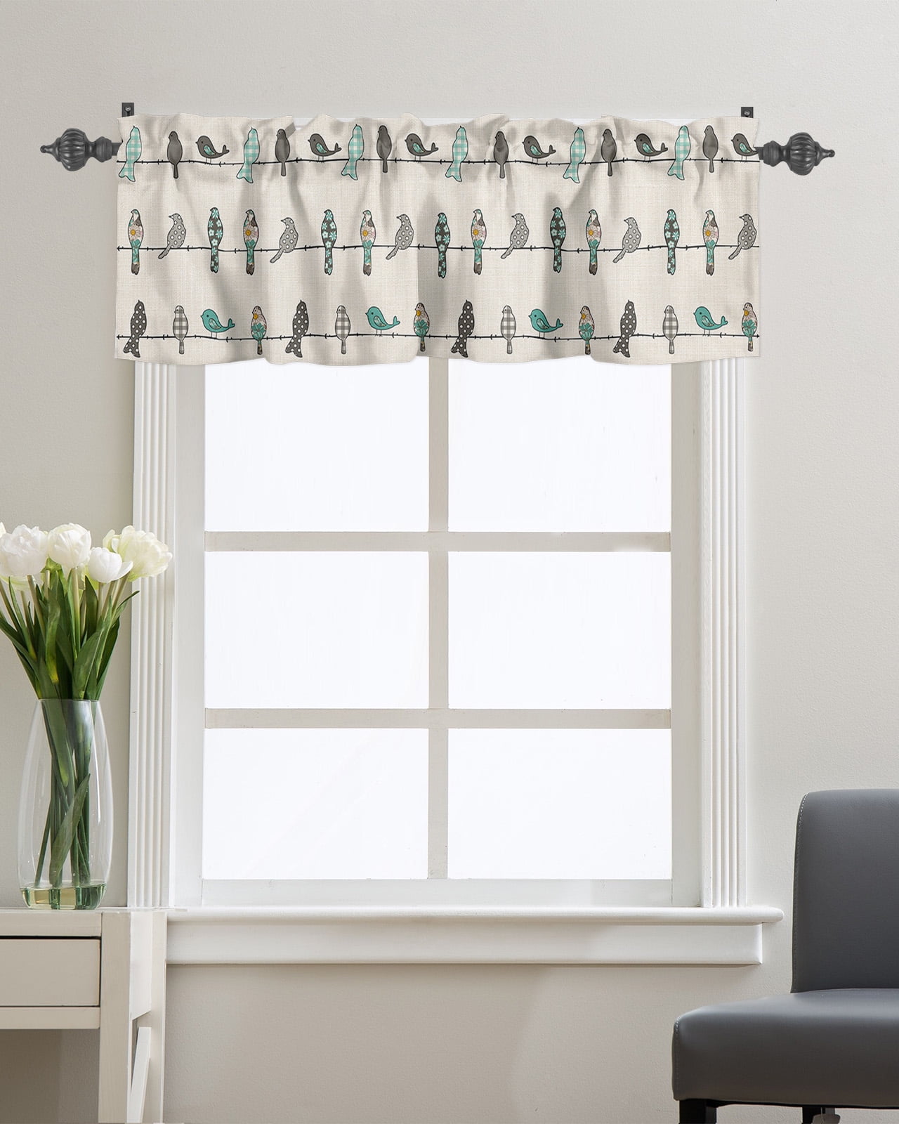 Kitchen Cafe Valance Curtain for Small Windows,Grid Dotted Flower Bird ...