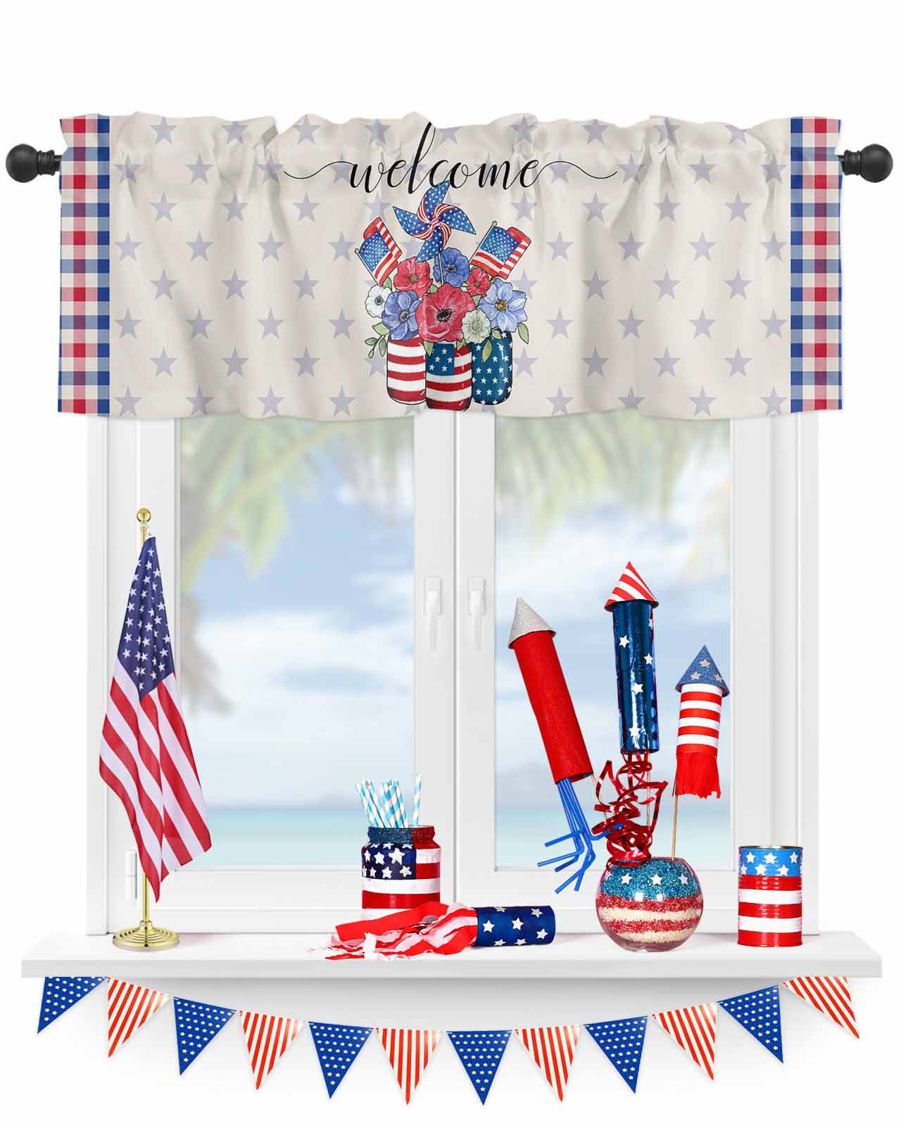 Kitchen Cafe Valance Curtain for Small Windows,Independence Day Flower ...