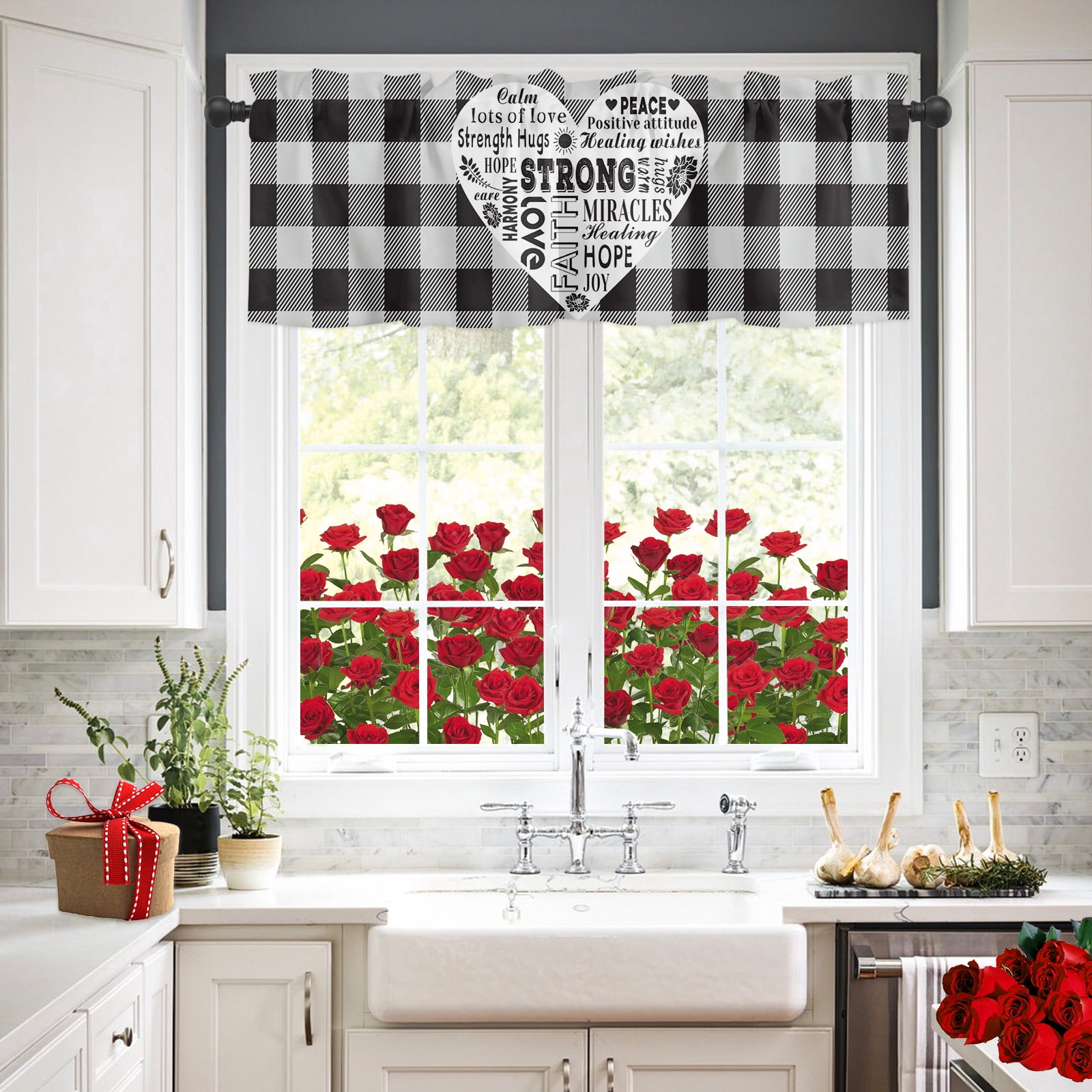 Kitchen Cafe Valance Curtain for Small Windows,Love Heart with Positive ...