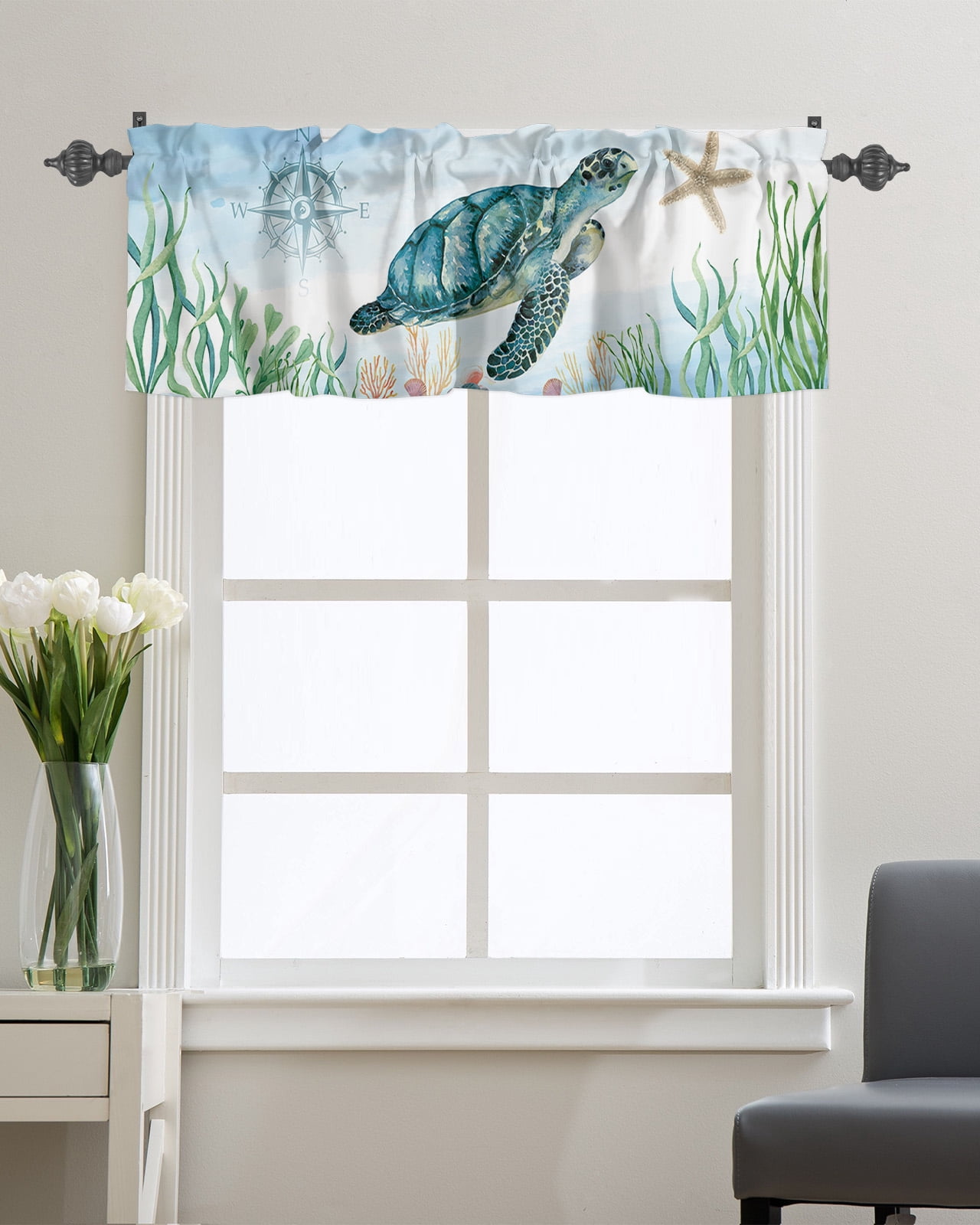 Kitchen Cafe Valance Curtain for Small Windows,Marine Sea Turtle ...
