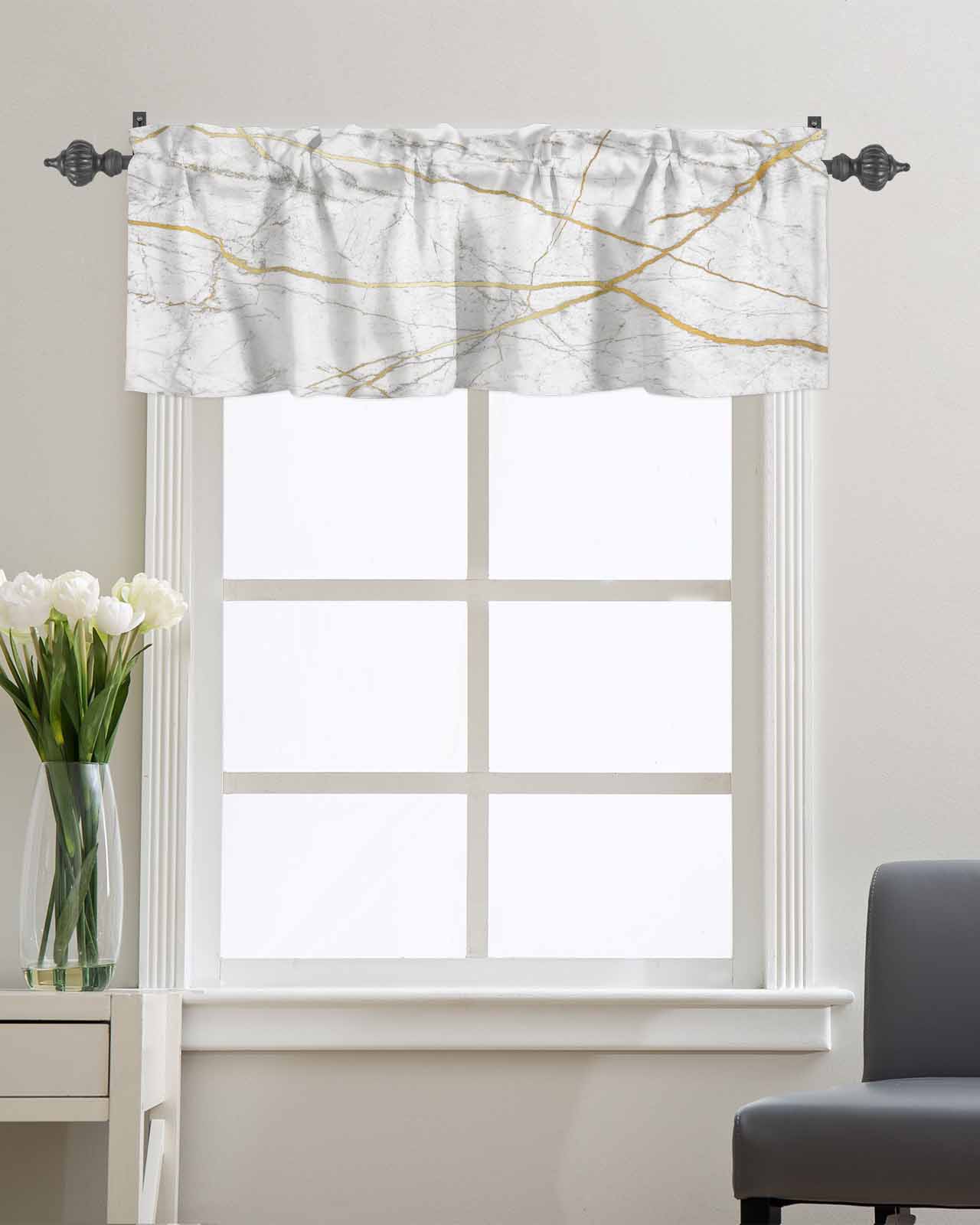 Kitchen Cafe Valance Curtain for Small Windows,Modern White Marble Gold ...