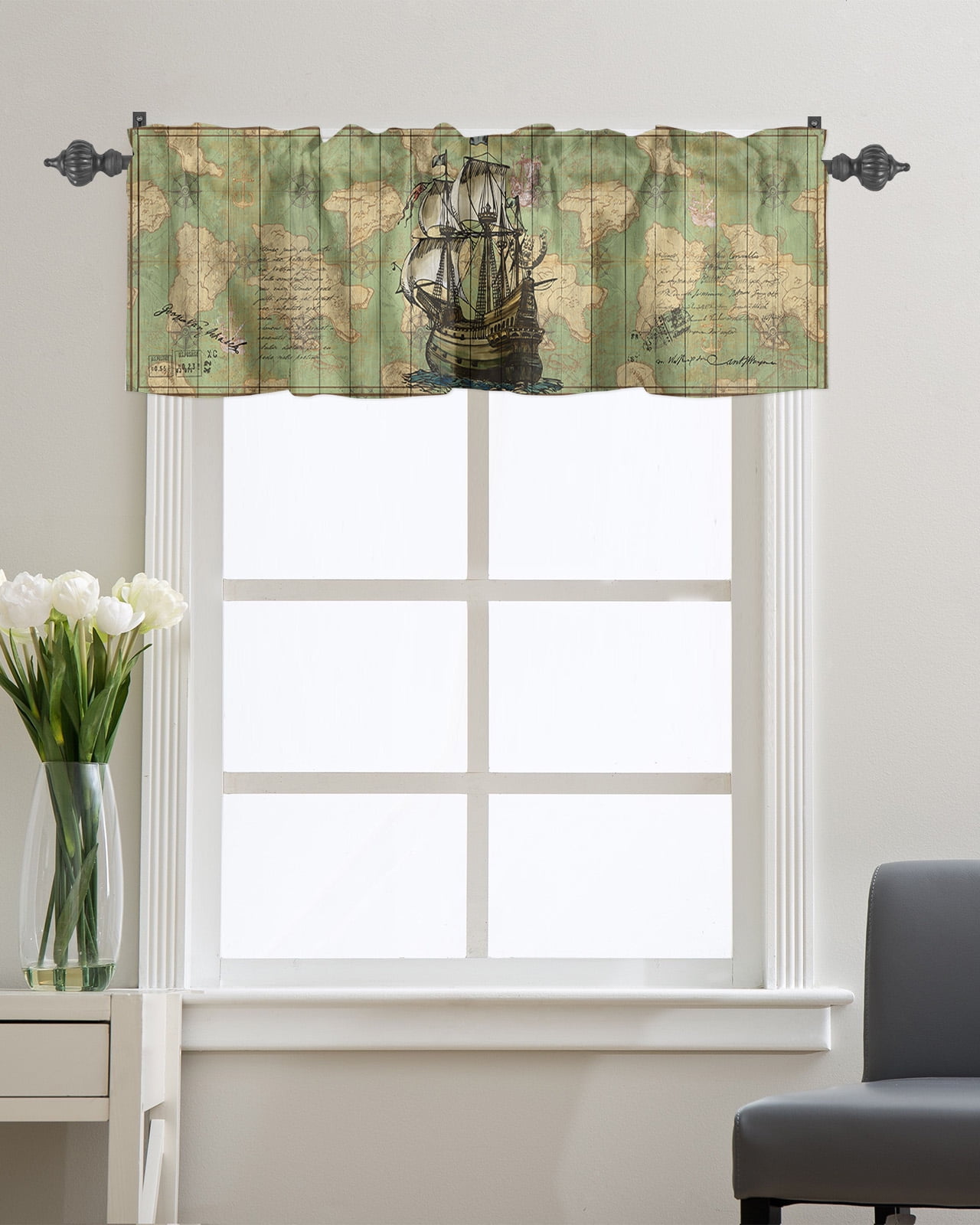 Kitchen Cafe Valance Curtain for Small Windows,Nautical Sailboat on ...