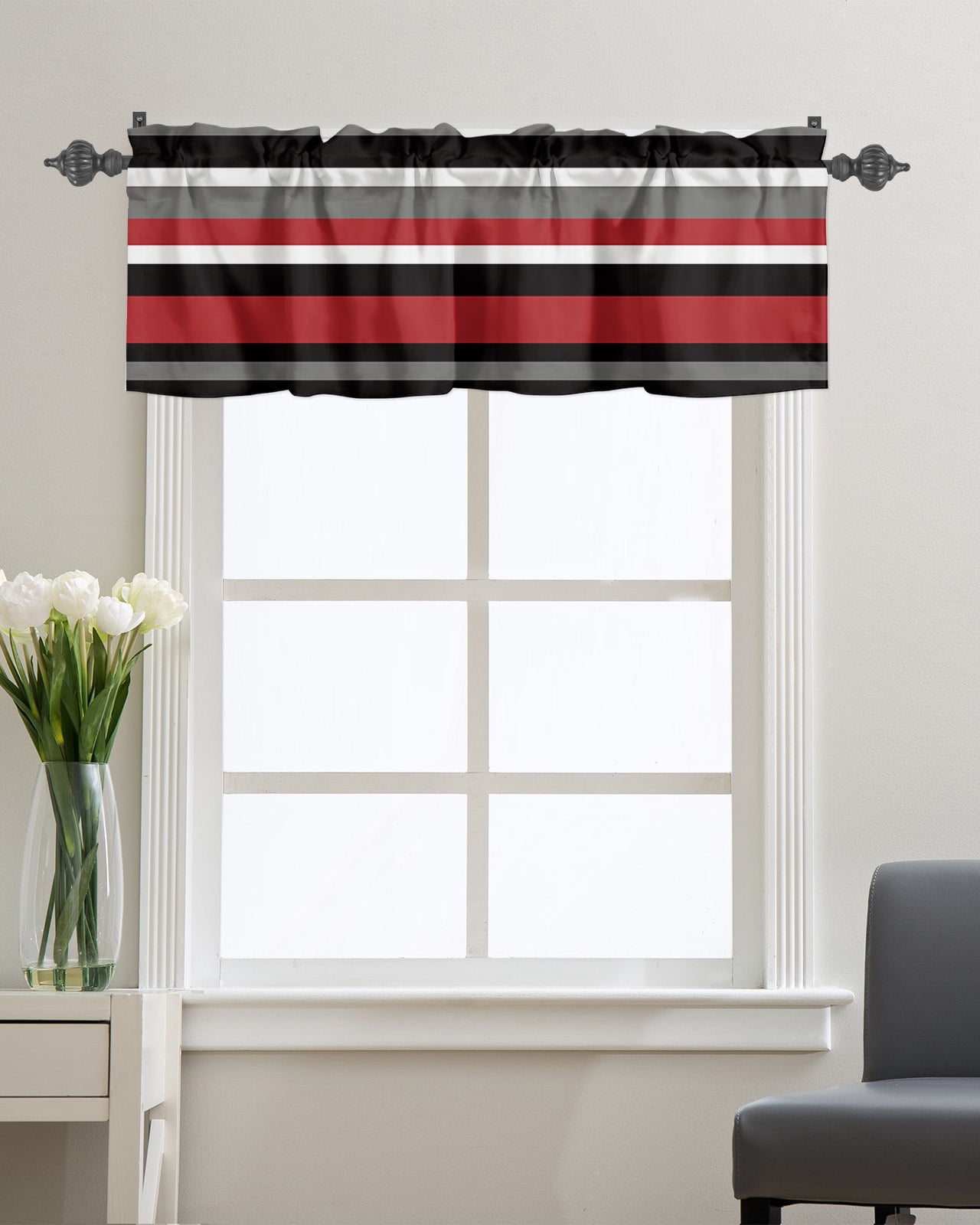 Kitchen Cafe Valance Curtain for Small Windows,Red and Black Geometric ...