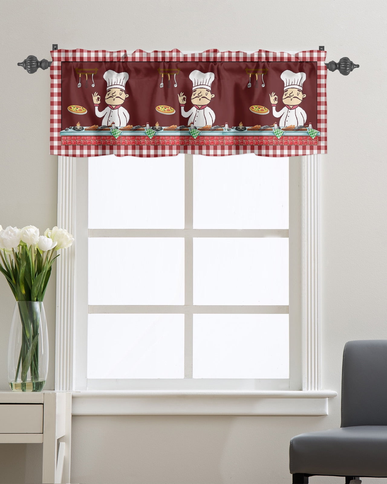 Kitchen Cafe Valance Curtain for Small Windows,Red Retro Chef with Folk ...