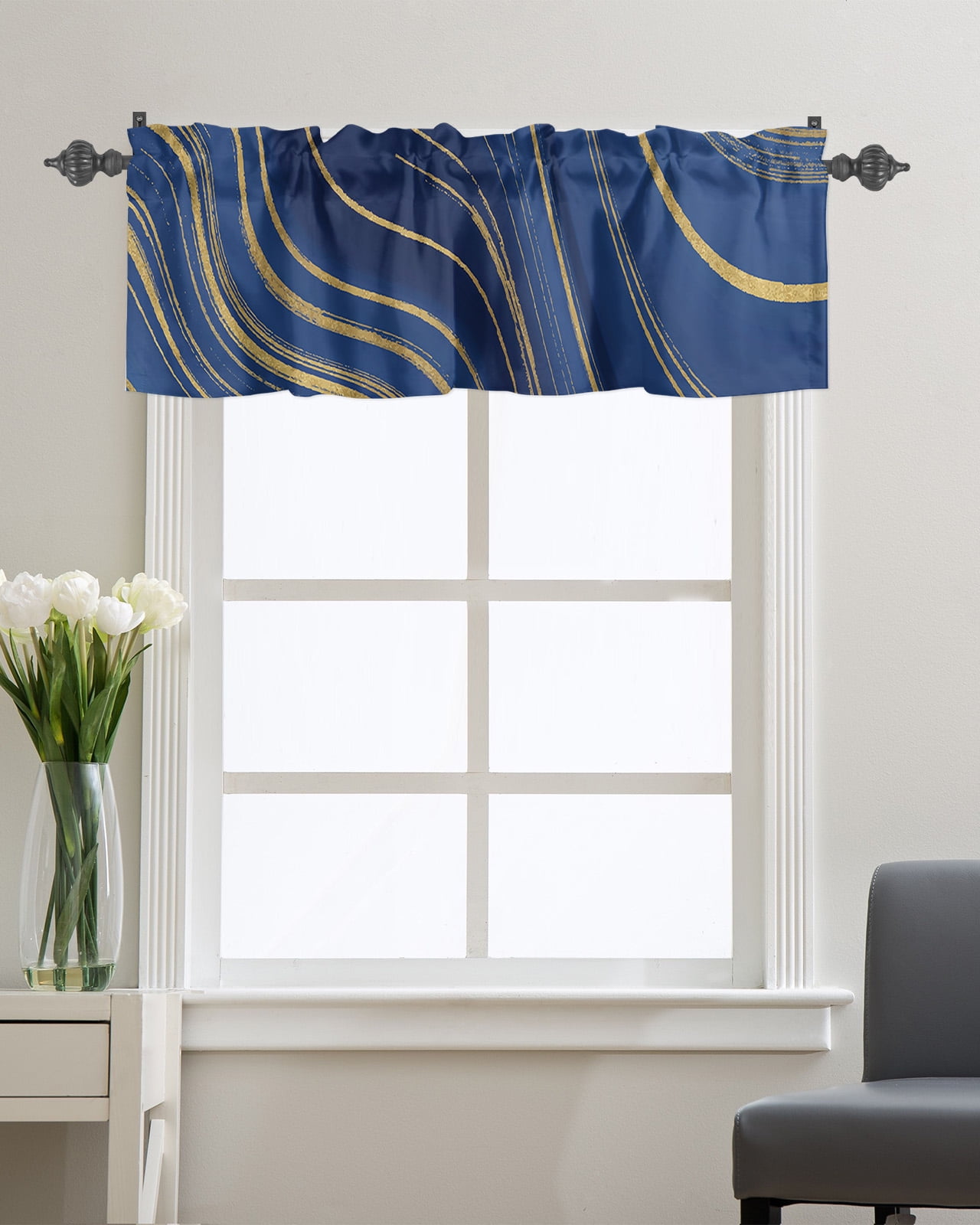 Kitchen Cafe Valance Curtain for Small Windows,Royal Blue Stripes Gold ...