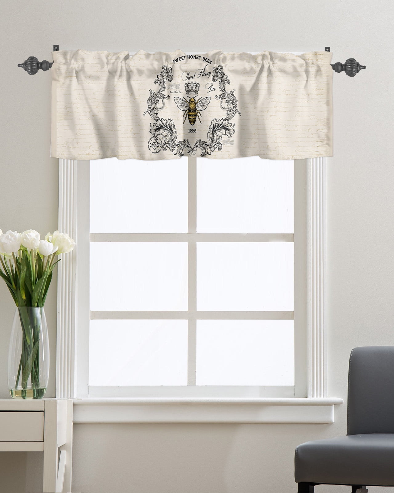 Kitchen Cafe Valance Curtain for Small Windows,Rustic Bee Crown Rod ...