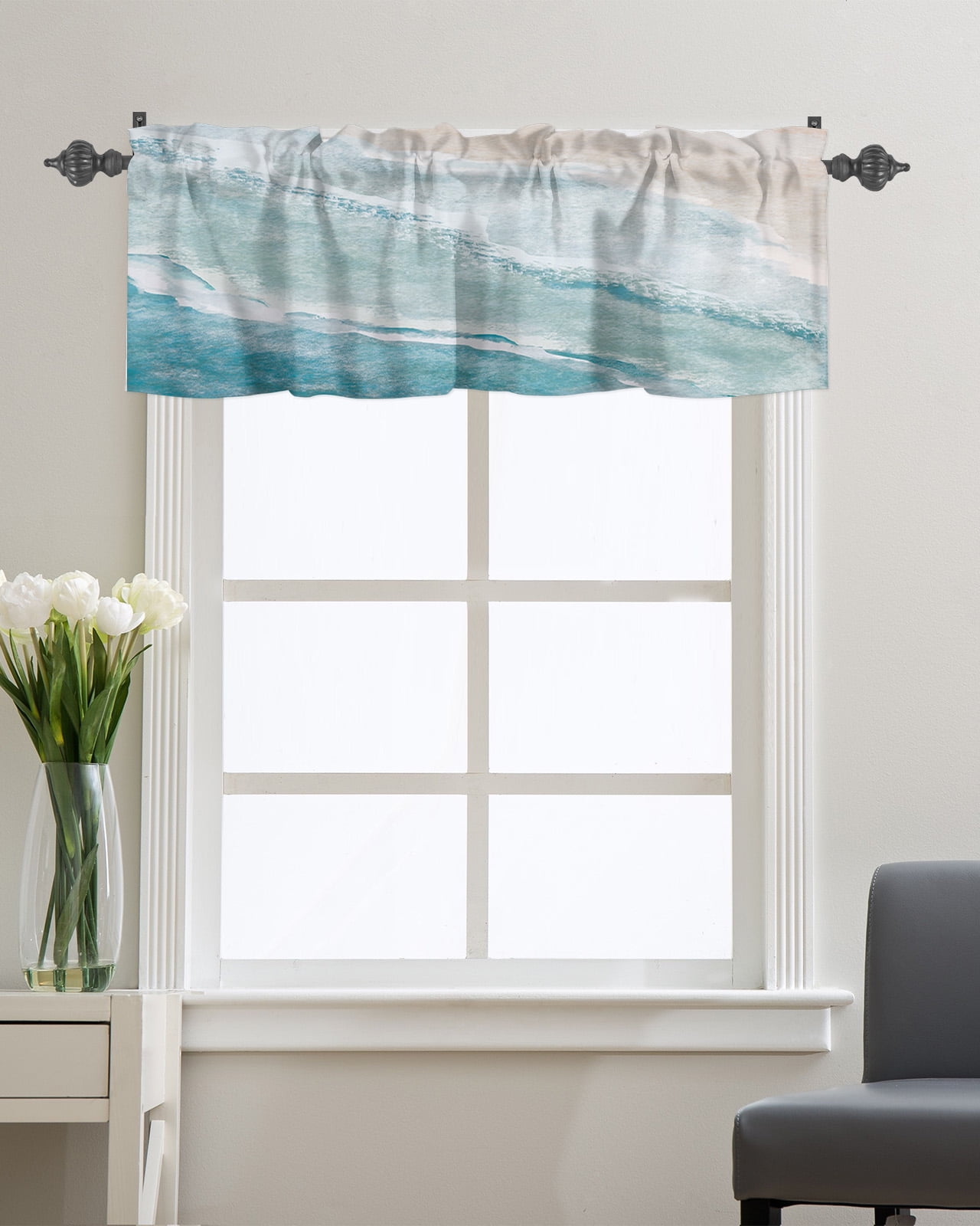 Kitchen Cafe Valance Curtain for Small Windows,Seaside Gradient Blue Wave Rod Pocket Short ...