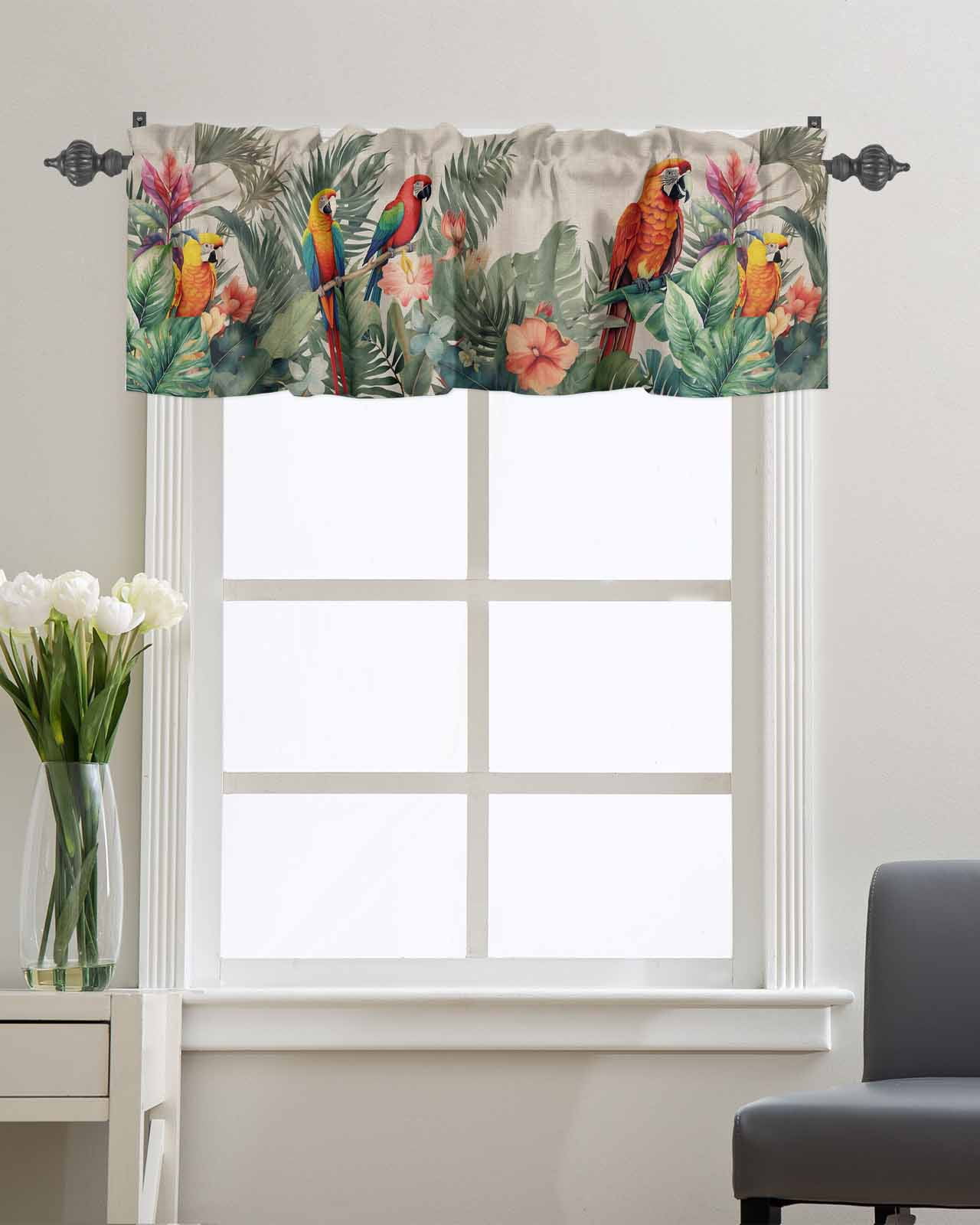 Kitchen Cafe Valance Curtain for Small Windows,Tropical Monstera Parrot ...