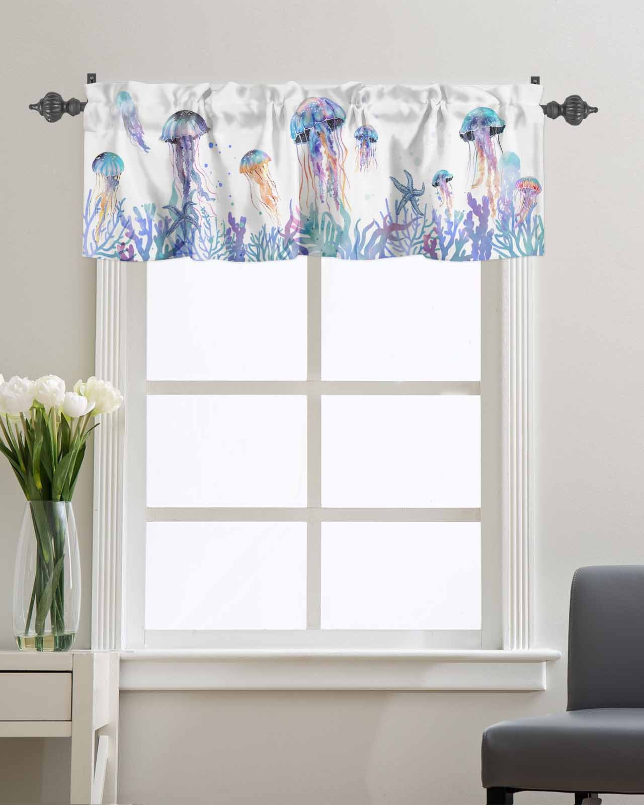Kitchen Cafe Valance Curtain for Small Windows,Watercolor Jellyfish ...