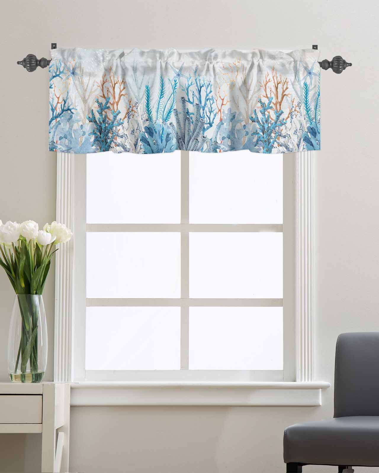 Kitchen Cafe Valance Curtain for Small Windows,Watercolor Marine Coral ...