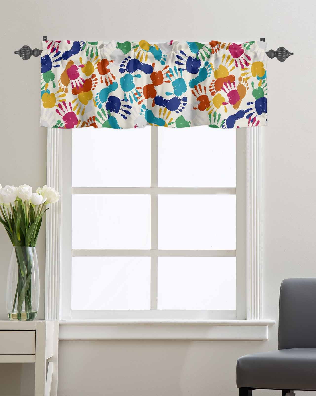 Kitchen Cafe Valance Curtain for Small Windows,Watercolor Palm Hand ...