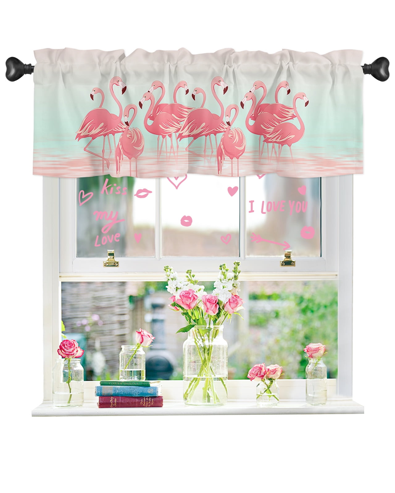 Kitchen Cafe Valance Curtain for Small Windows,Watercolor Pink Flamingo ...