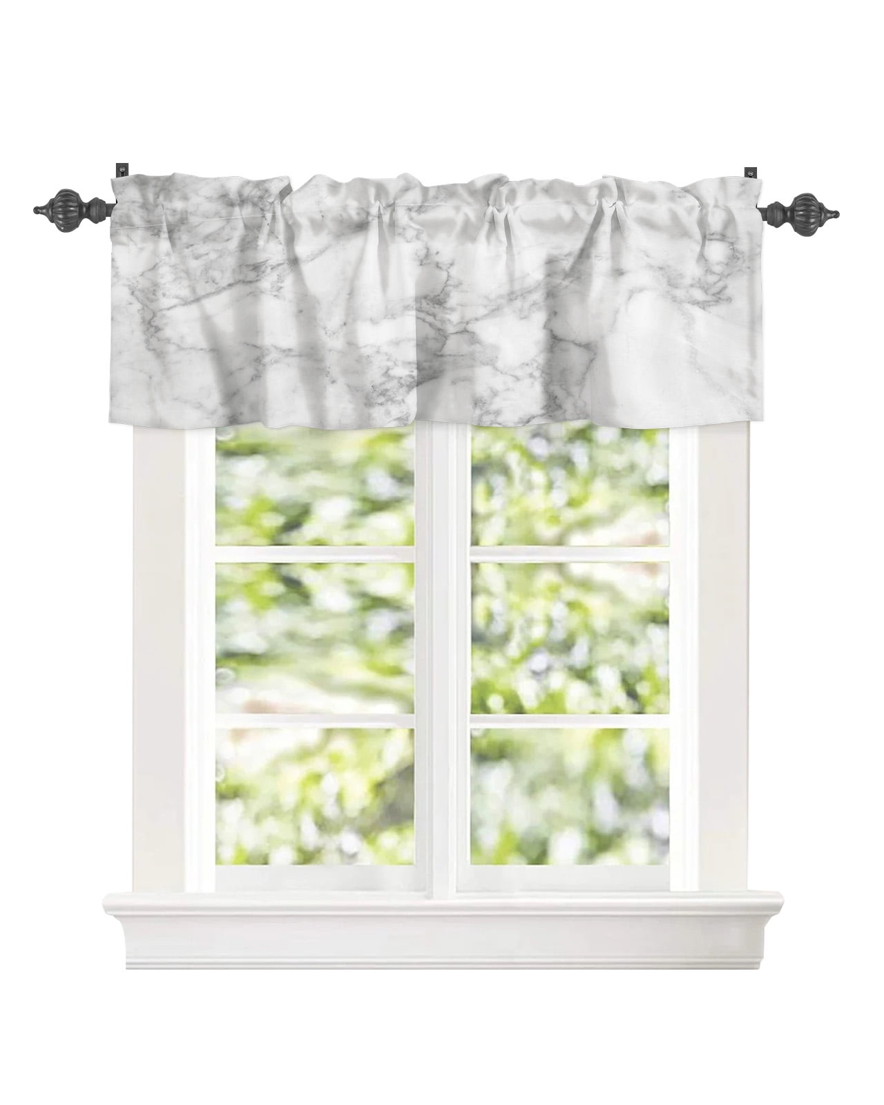 Kitchen Cafe Valance Curtain for Small Windows,White and Grey Marble ...