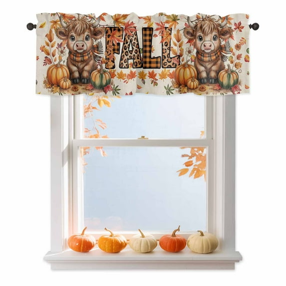Kitchen Cafe Valance Curtain for Small Windows,Autumn Cattle Pumpkin Maple Leaf Rod Pocket Short ...