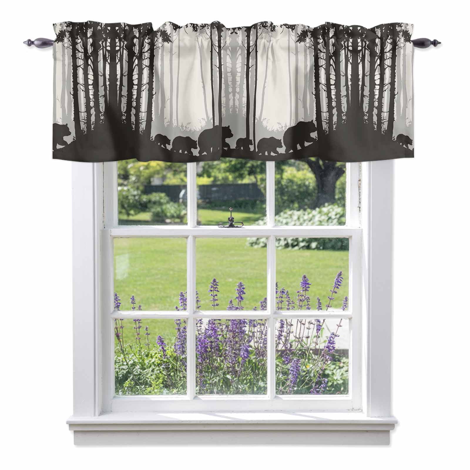 Kitchen Cafe Valance Curtain for Small Windows,Black Bear Forest Tree ...