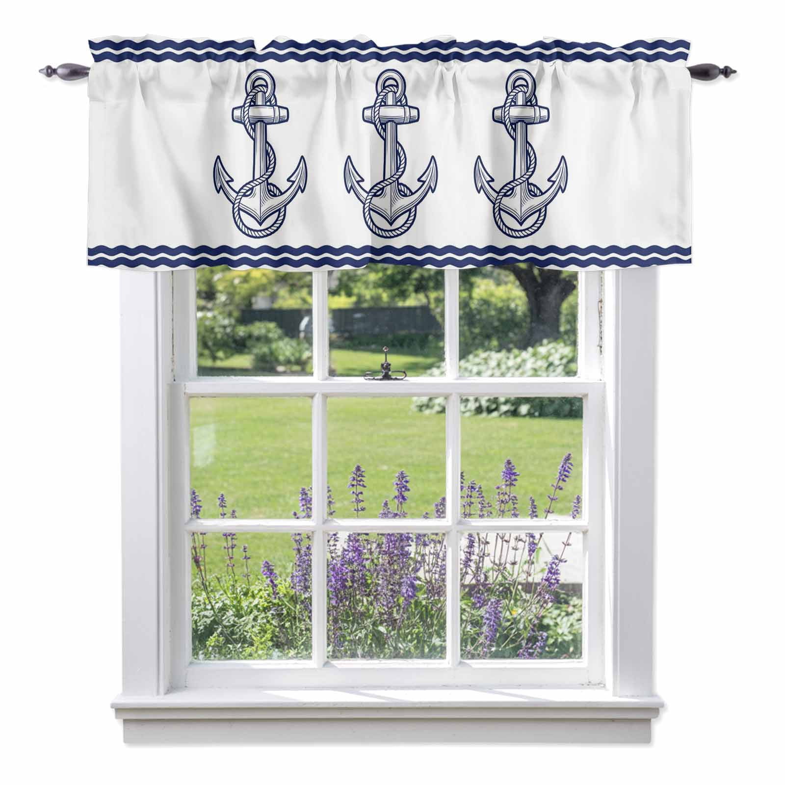 Kitchen Cafe Valance Curtain for Small Windows,Coastal Nautical Anchor ...