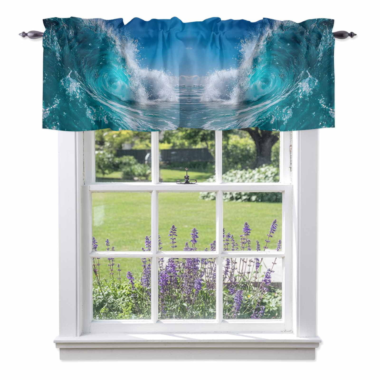 Kitchen Cafe Valance Curtain for Small Windows,Coastal Teal Ocean Wave ...