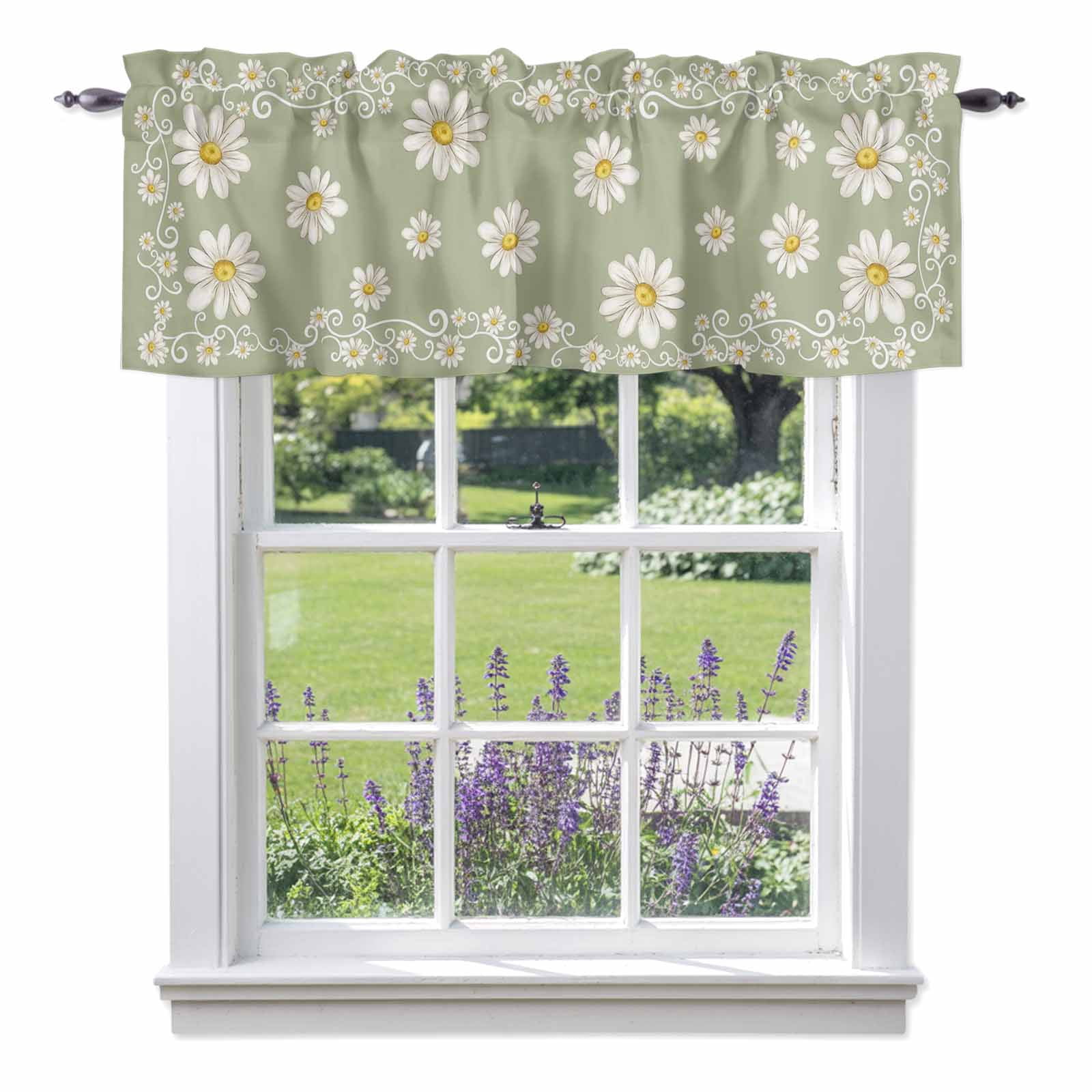 Kitchen Cafe Valance Curtain for Small Windows,Daisy Flower on Sage ...