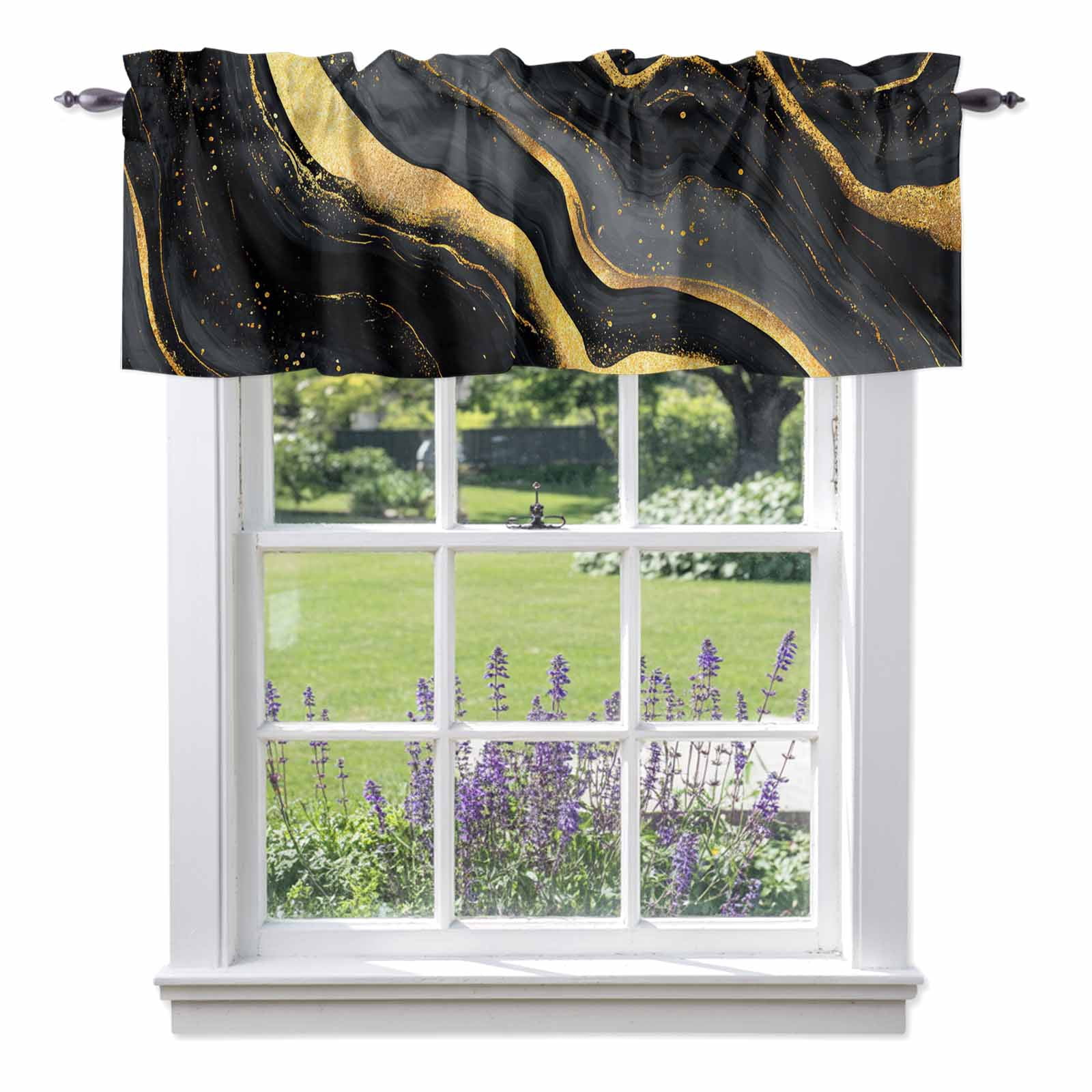 Kitchen Cafe Valance Curtain for Small Windows,Gold Black Marble ...