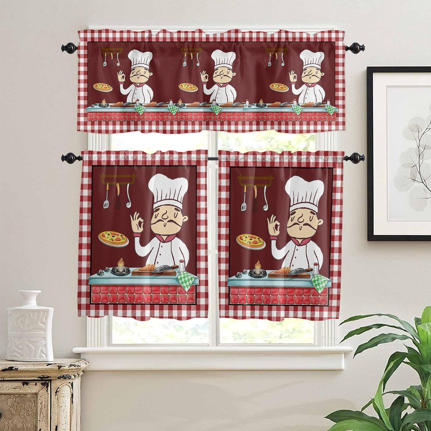 Kitchen Cafe Window Tier Curtains and Valance 3 Pieces Set Cartoon Chef ...