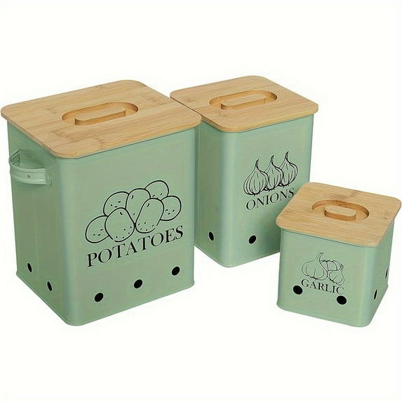 Kitchen Canisters Set, Storage Bin For Potato Onion & Garlic, 3 Pack Set Countertop Pots ...