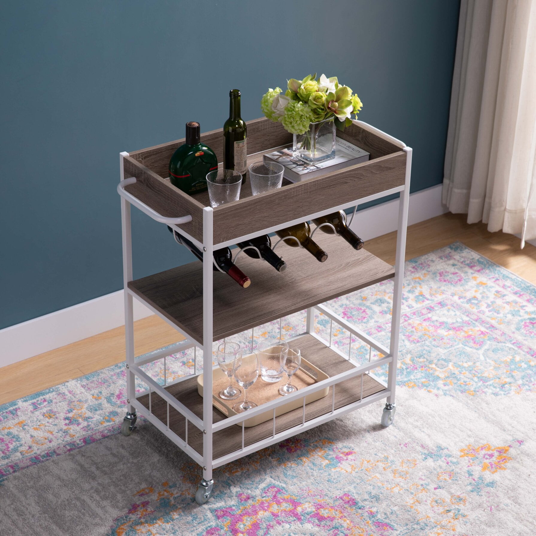 Kitchen Cart 3 Tiers Removable Storage Tray with Wine Rack & Enclosed ...