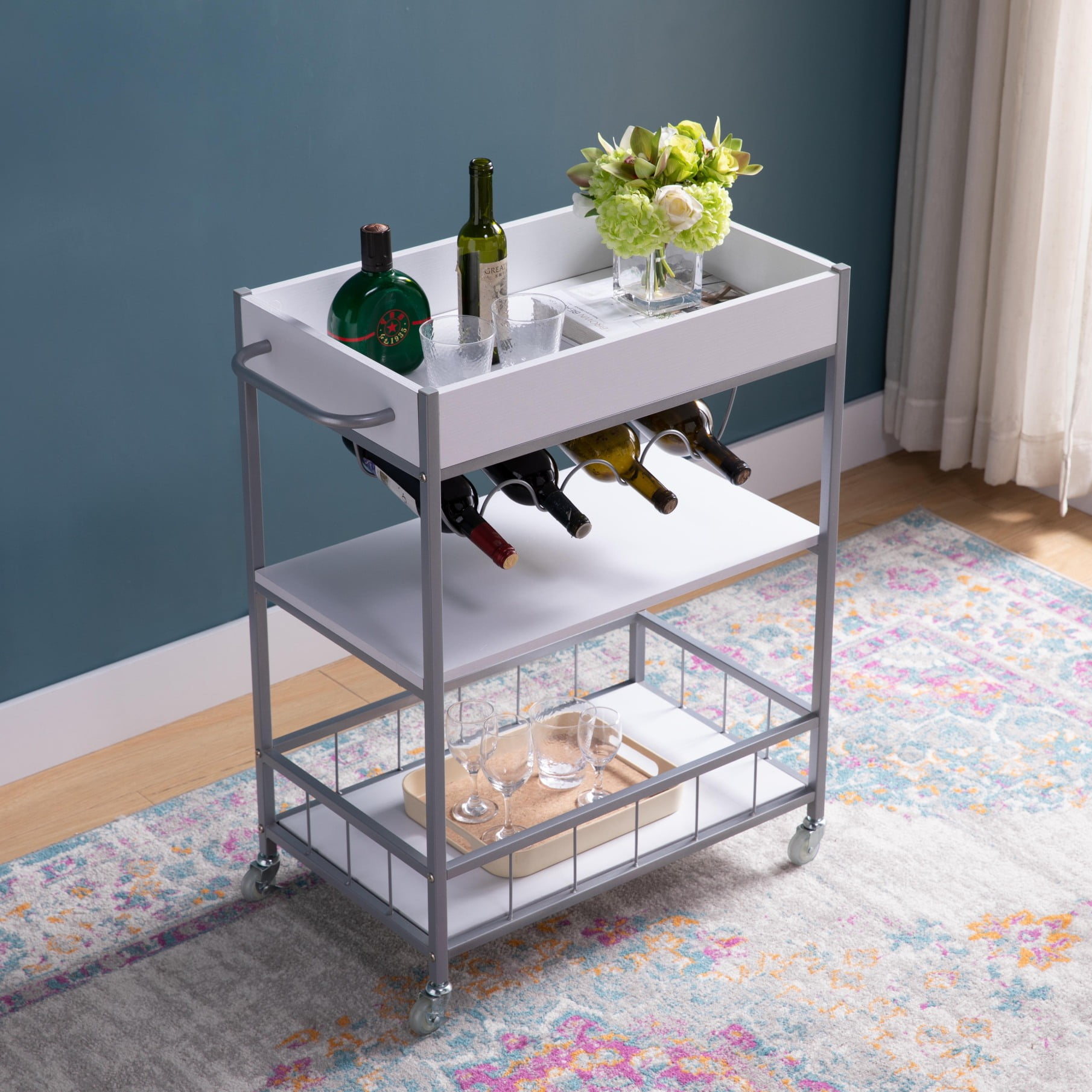 Kitchen Cart 3 Tiers Removable Storage Tray with Wine Rack & Enclosed ...