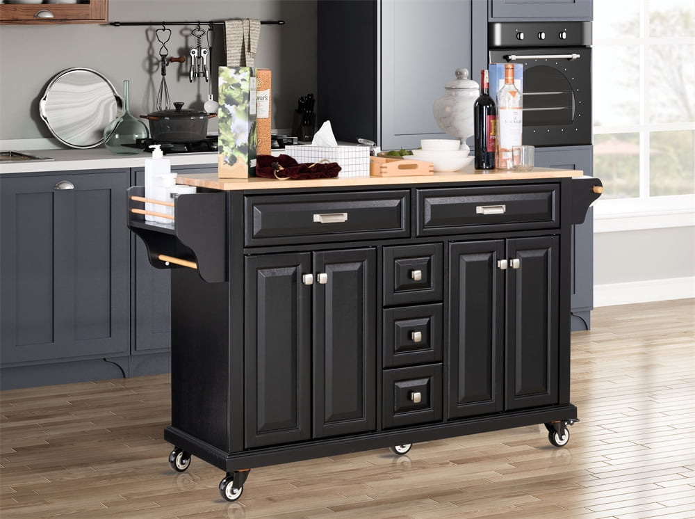 Kitchen Cart on 5 Wheels, Large Kitchen Island Table with Wood ...