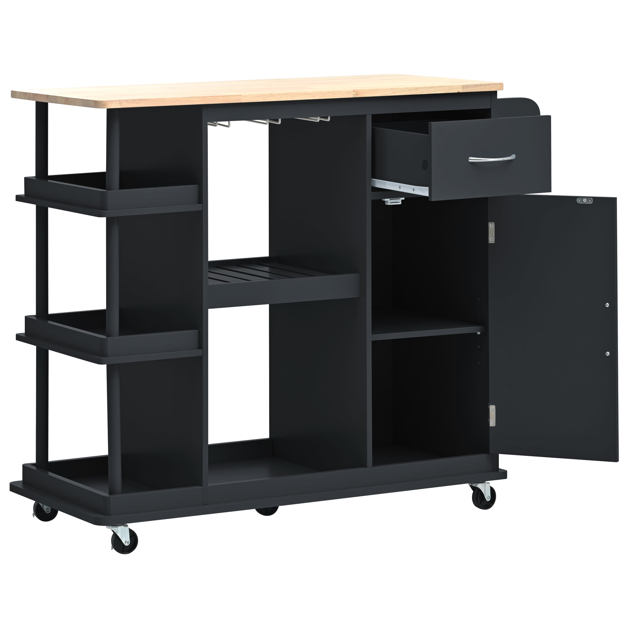 Kitchen Cart Cabinet with Side Storage Shelves,Rubber Wood Top ...