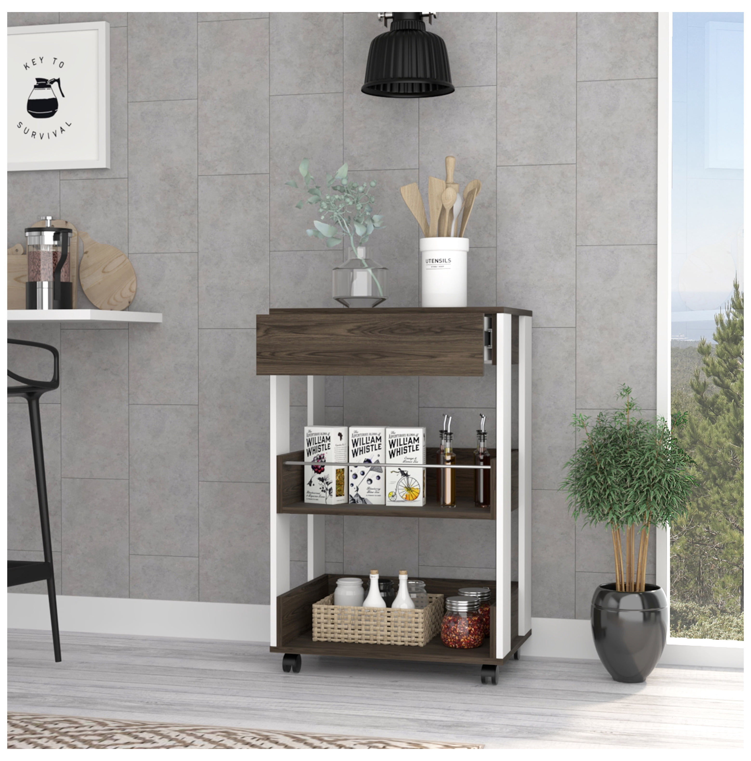 Kitchen Cart Coron with Drawer, Three-Tier Shelves and Casters, White ...