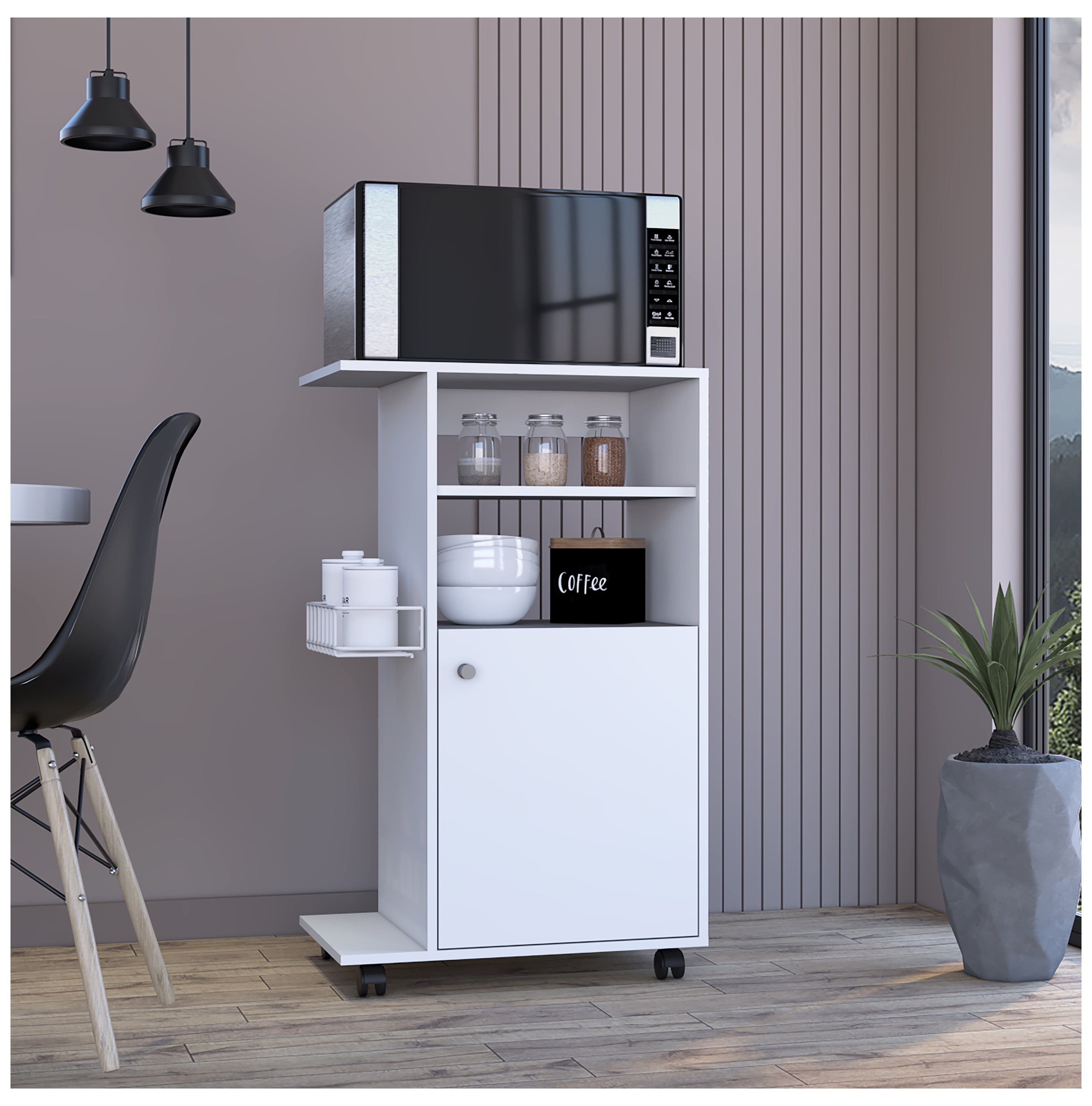 Kitchen Cart with Doors & Casters - White Rolling Kitchen Island, Single Door Cabinet, 4-Caster ...