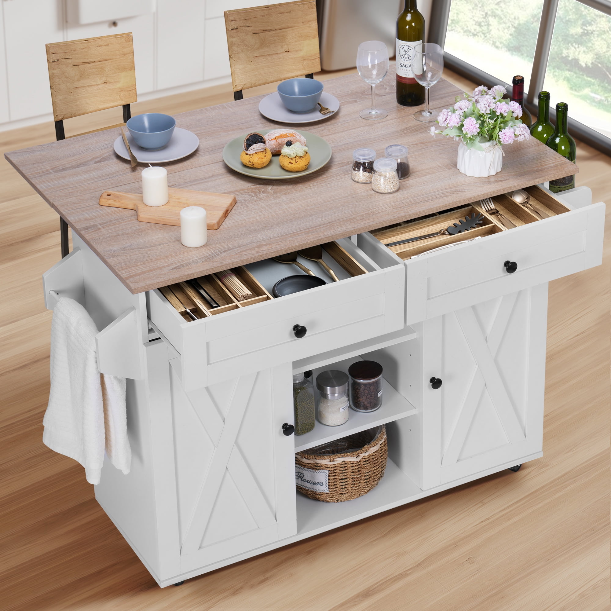 EVMORE Rolling Kitchen Island with Drop Leaf, Kitchen Cart Buffet ...