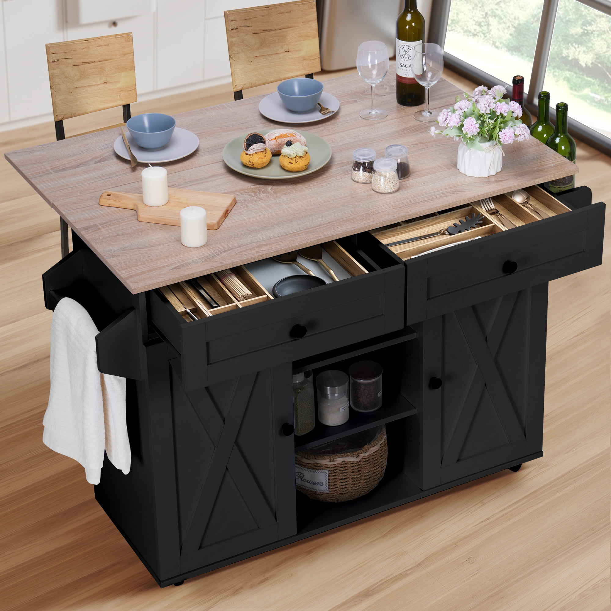 EVMORE Rolling Kitchen Island with Drop Leaf, Kitchen Cart Buffet ...